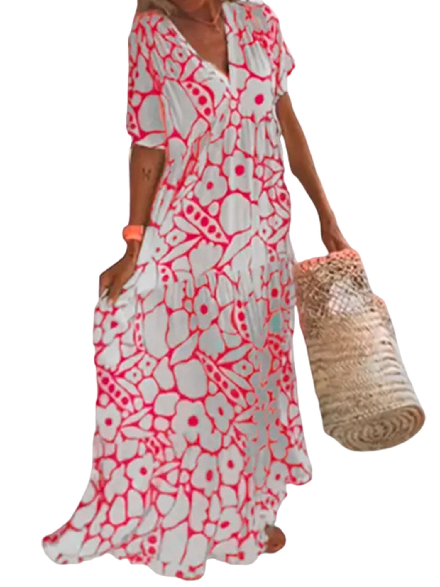 Frontwalk Women Maxi Dress Bohemian Short Sleeve Wrap V Neck Floral ...