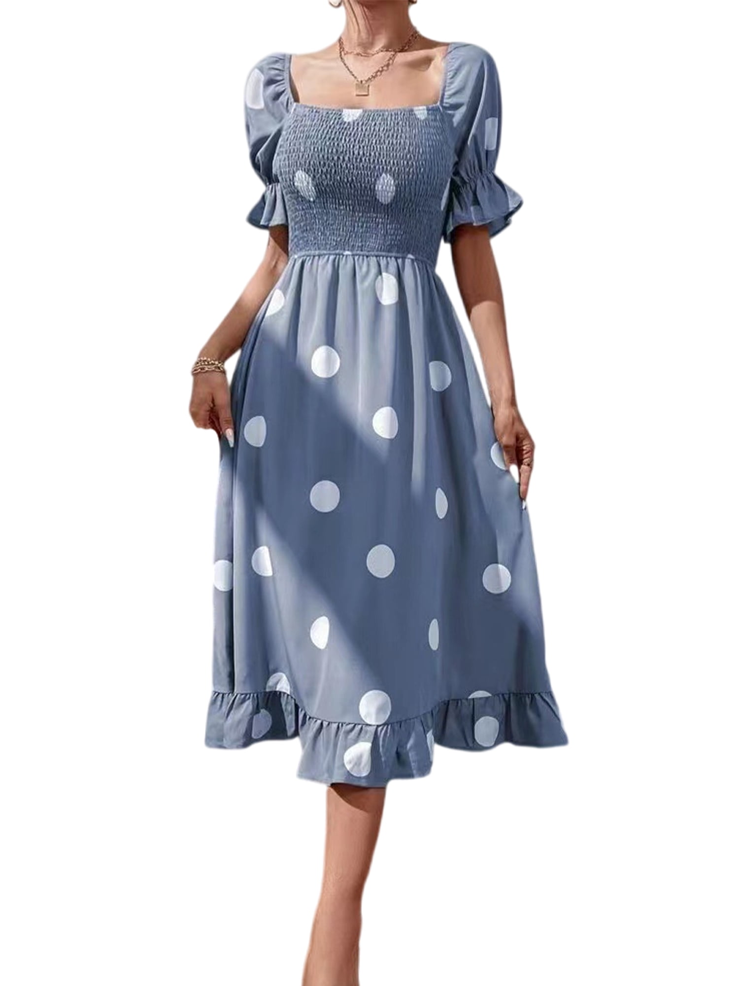 Frontwalk Women Midi Dress Polka Dot Swing Ruffle Evening Party Ladies ...