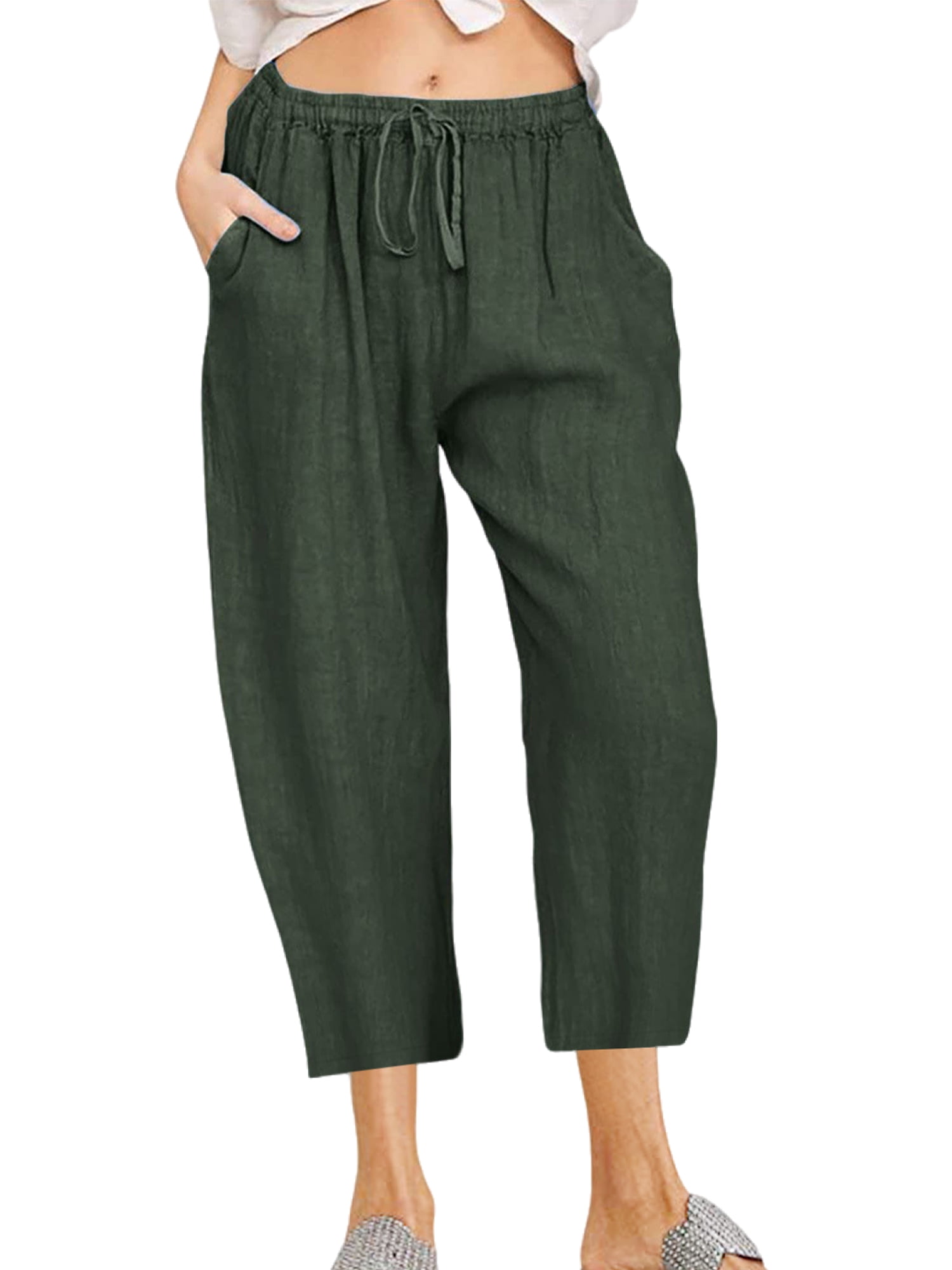 Frontwalk Women Pants High Waist Capri Pants Drawstring Capris Casual