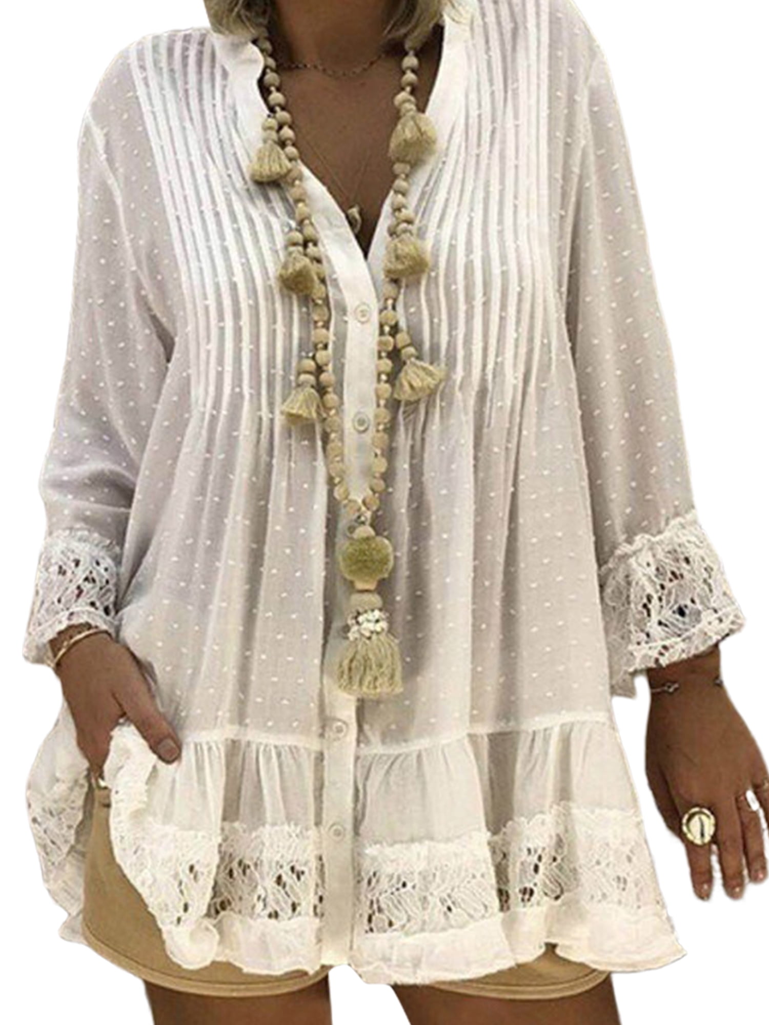 Frontwalk Women Plus Size Kaftan Tunic Blouse Tops 3/4 Sleeve Button ...