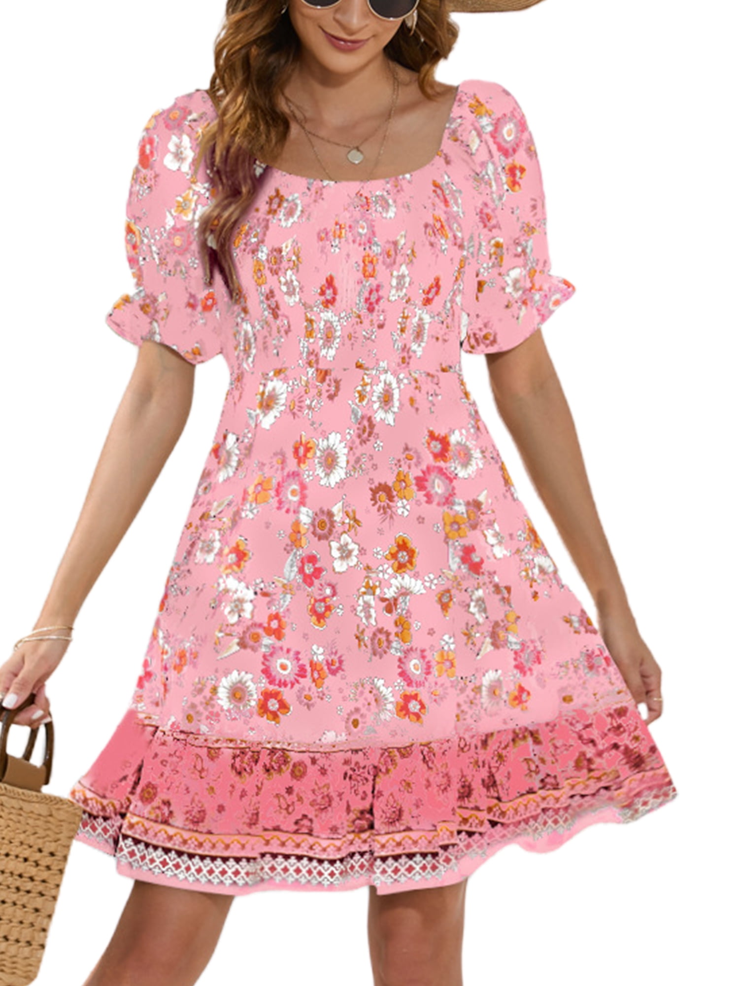 Frontwalk Women Short Dresses Sleeve Mini Dress Floral Print Ladies