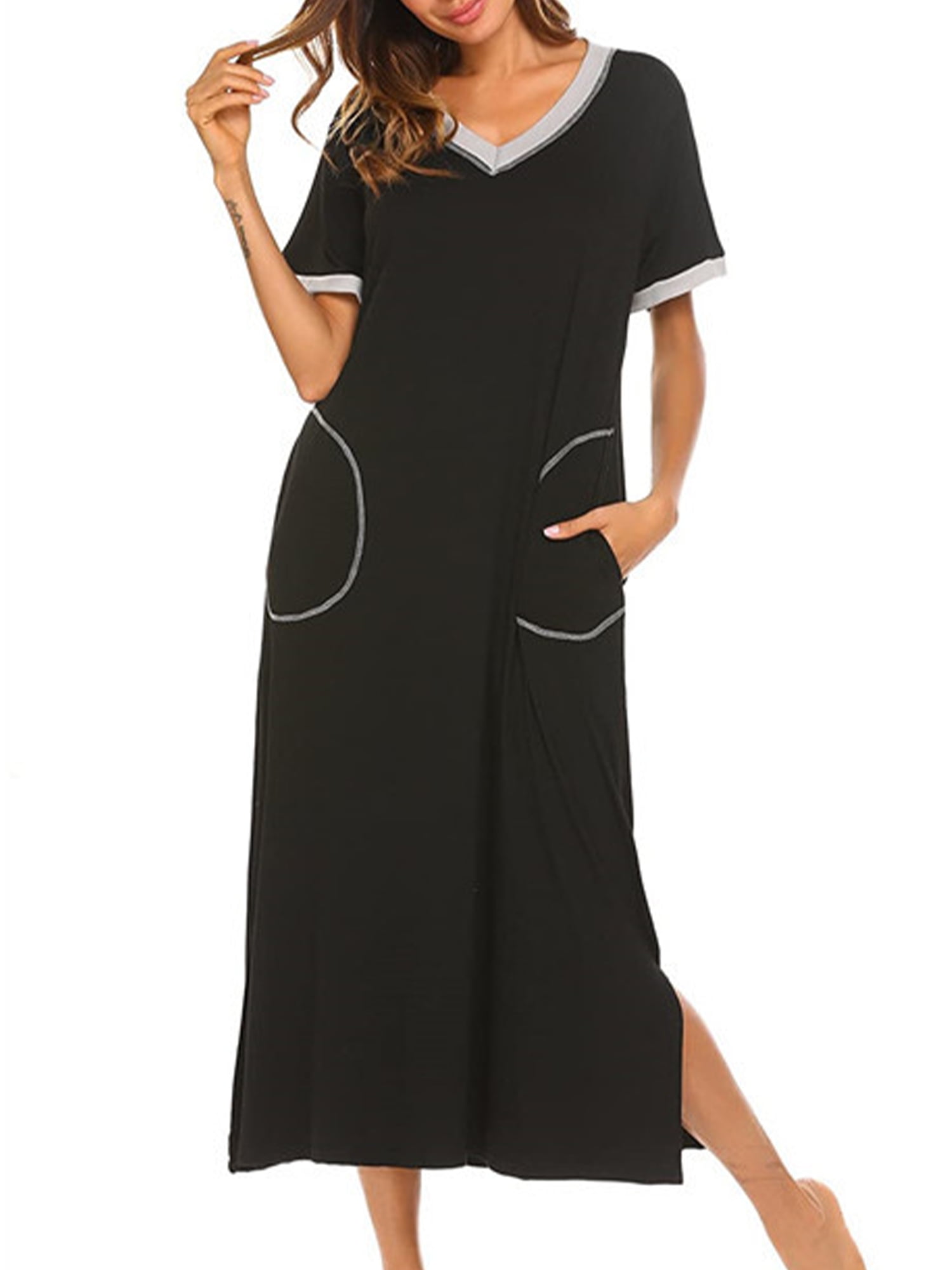 Frontwalk Women Sleep Dress V Neck Pajama Solid Color Nightgown Ladies ...