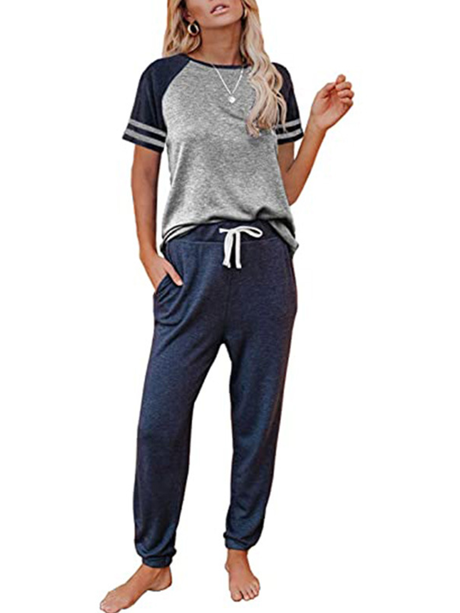 Frontwalk Women Tracksuit Set Striped Nightwear Drawstring Sleepwear ...