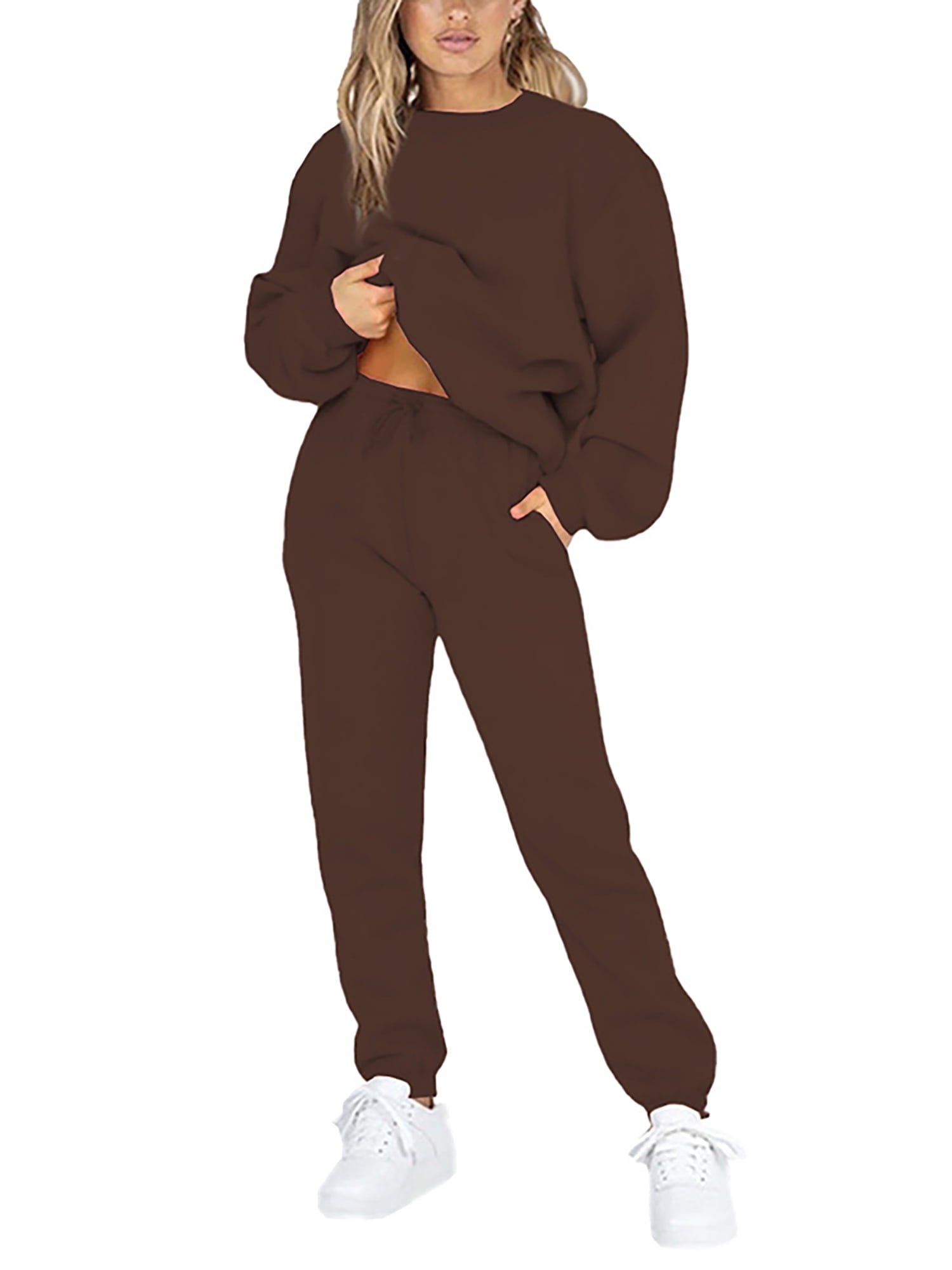 Frontwalk Women's Solid Color Long Sleeve Jogger Set, Athletic Outfit ...
