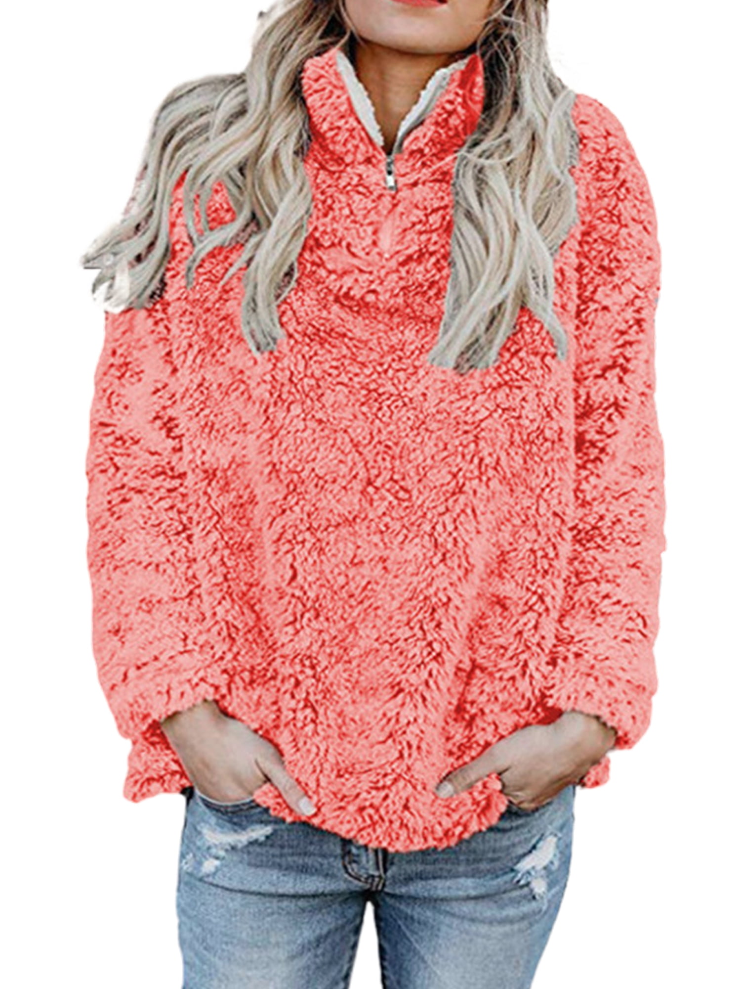 Frontwalk Womens Fuzzy Winter Tops Sherpa Pullover Sweatshirts Zipper ...