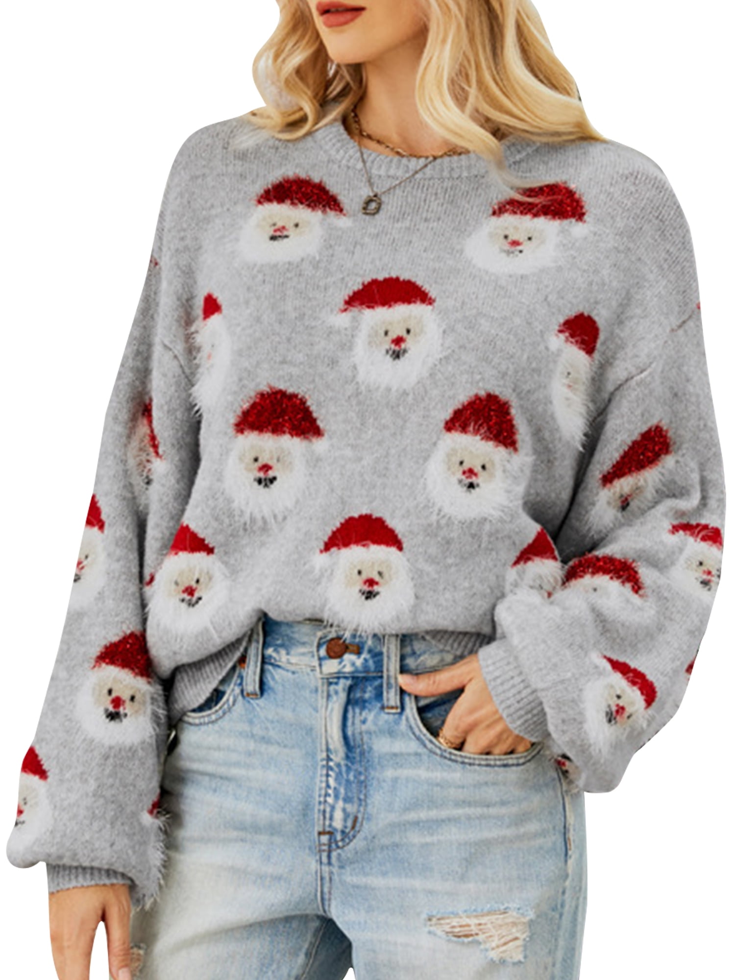Frontwalk Women's Christmas Santa Print Pullover Sweater, Long Sleeve ...