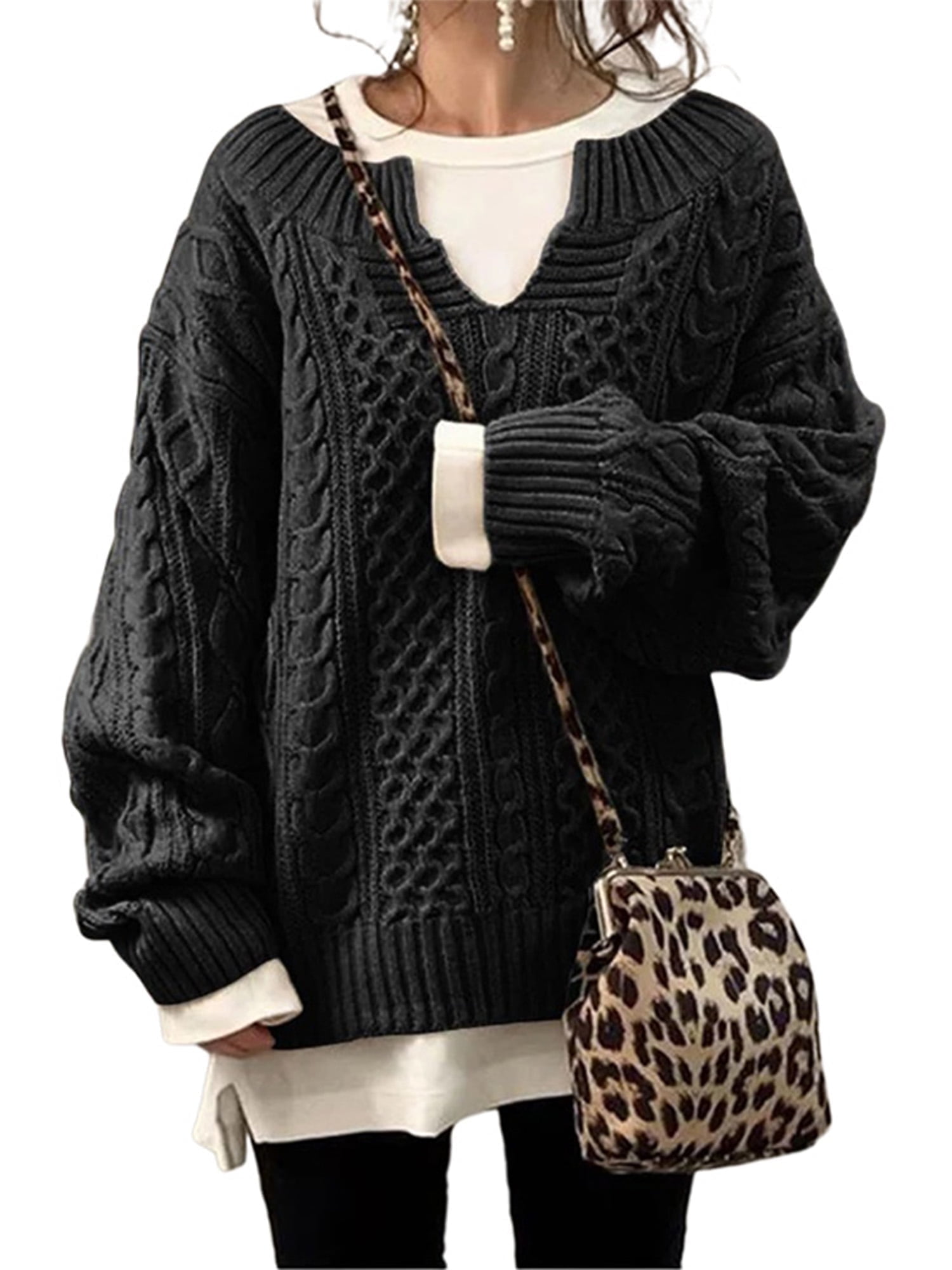 Frontwalk Women's V Neck Long Sleeve Sweater, Casual Winter Cable Knit ...