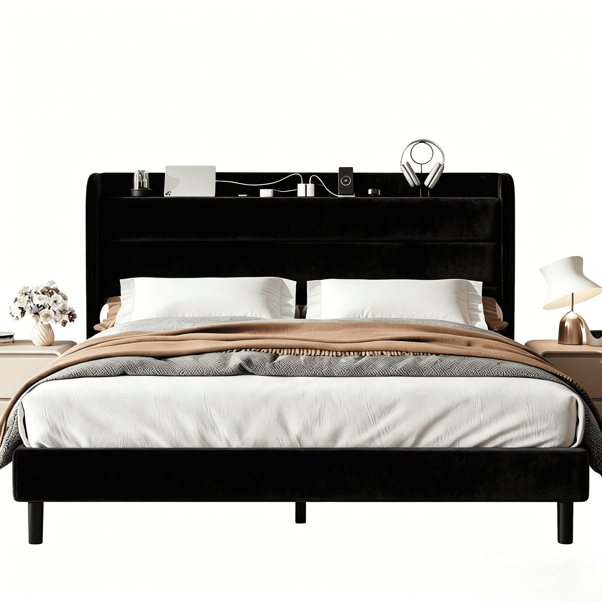 Frostbloom Full Size Black Velvet Bed Frame with Charging Station (USB ...