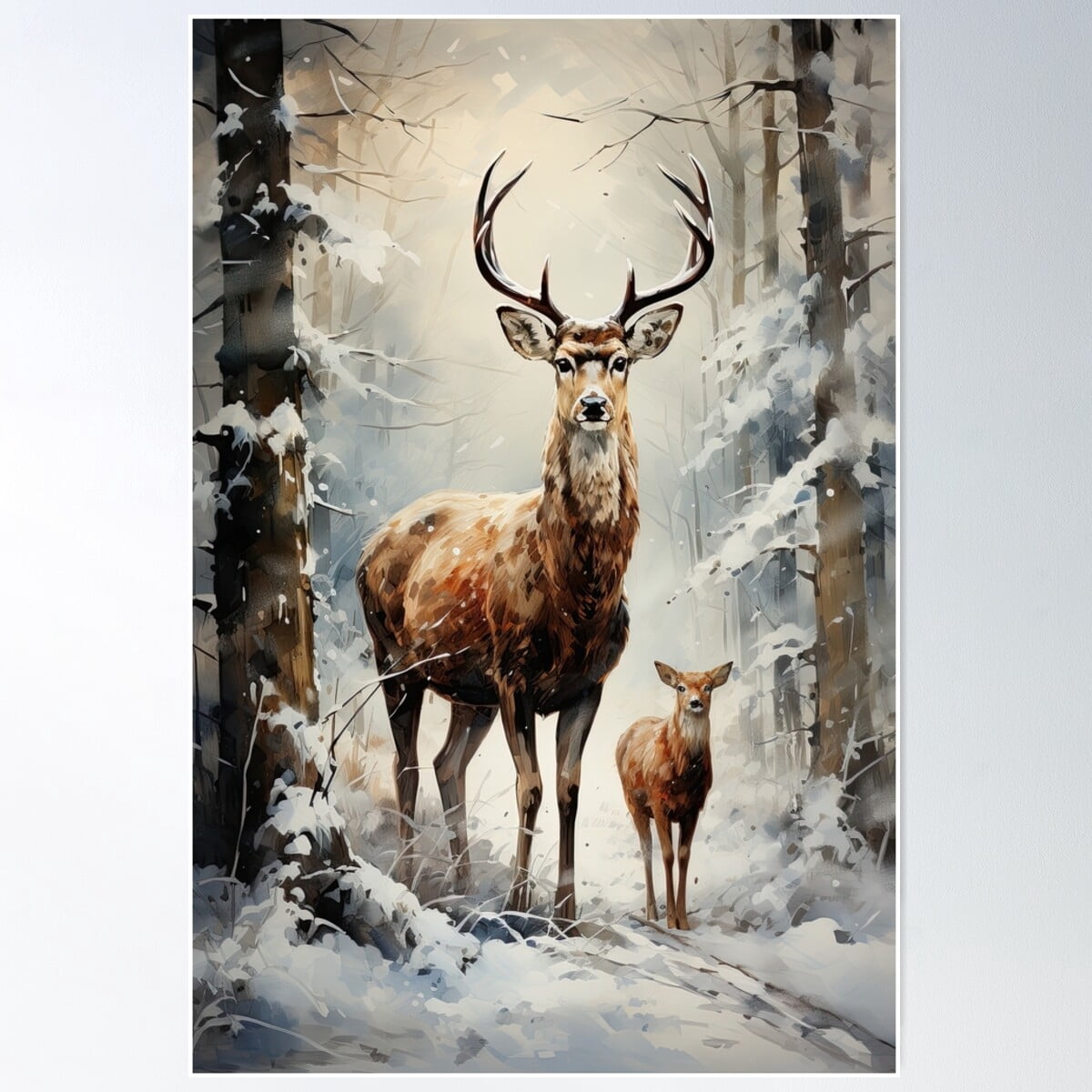 Frosted Forest Scene With Wild Deer Poster Wall Art, Modern Wall Decor ...