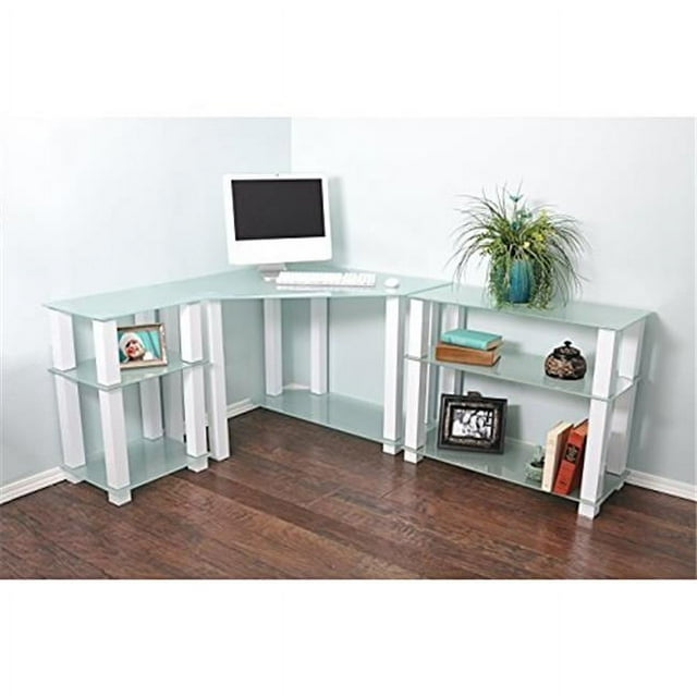 Frosted Tempered Glass Gloss White Corner Computer Desk with Left ...