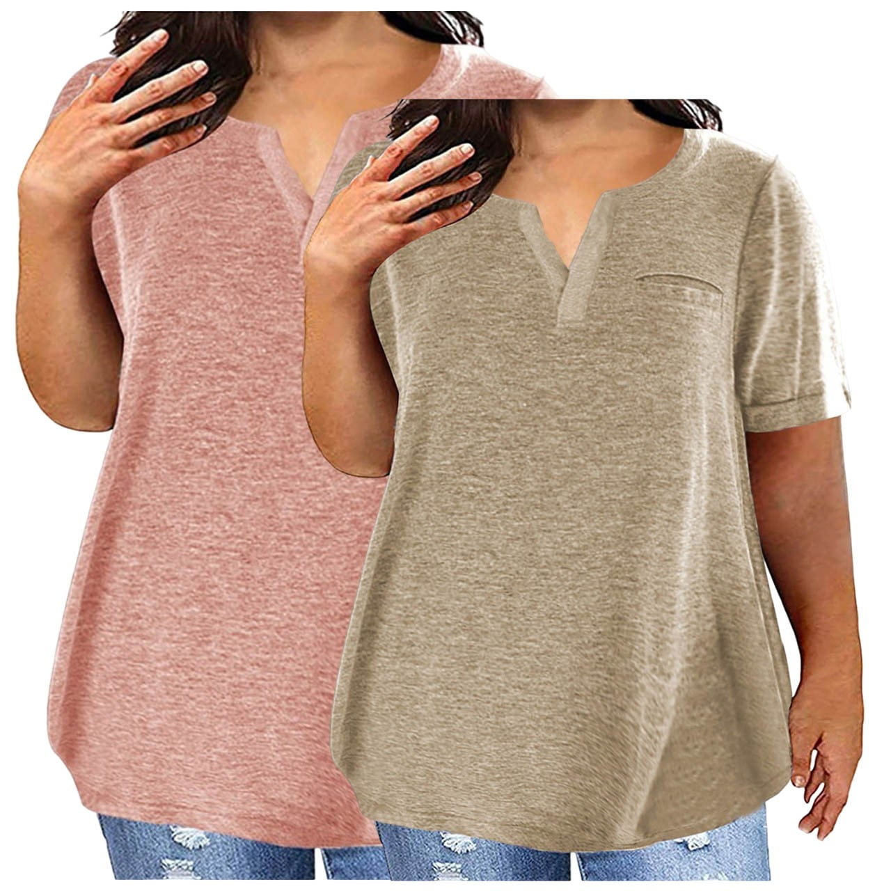 Frostluinai 2 Pack Shirts for Women Plus Size Notch V Neck Short Sleeve ...