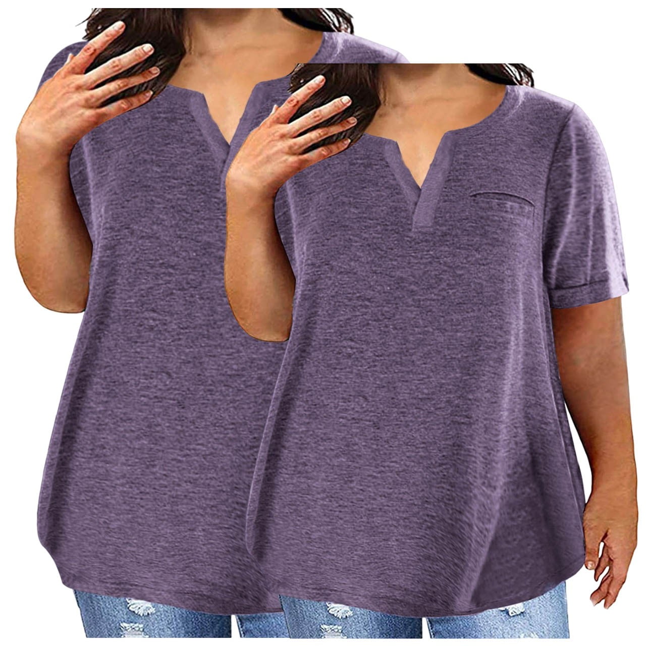 Frostluinai 2 Pack Womens Tops Plus Size Notch V Neck Short Sleeve ...