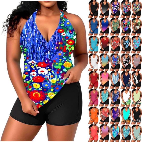 Frostluinai 2 Piece Swimsuits for Women Plus Size Halter Tankini Top ...