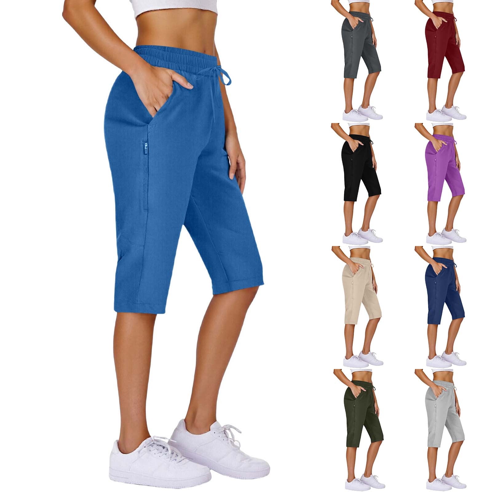 Frostluinai Cargo Capri Pants for Women Drawstring Elastic Waist Baggy Hiking Pants Solid ...