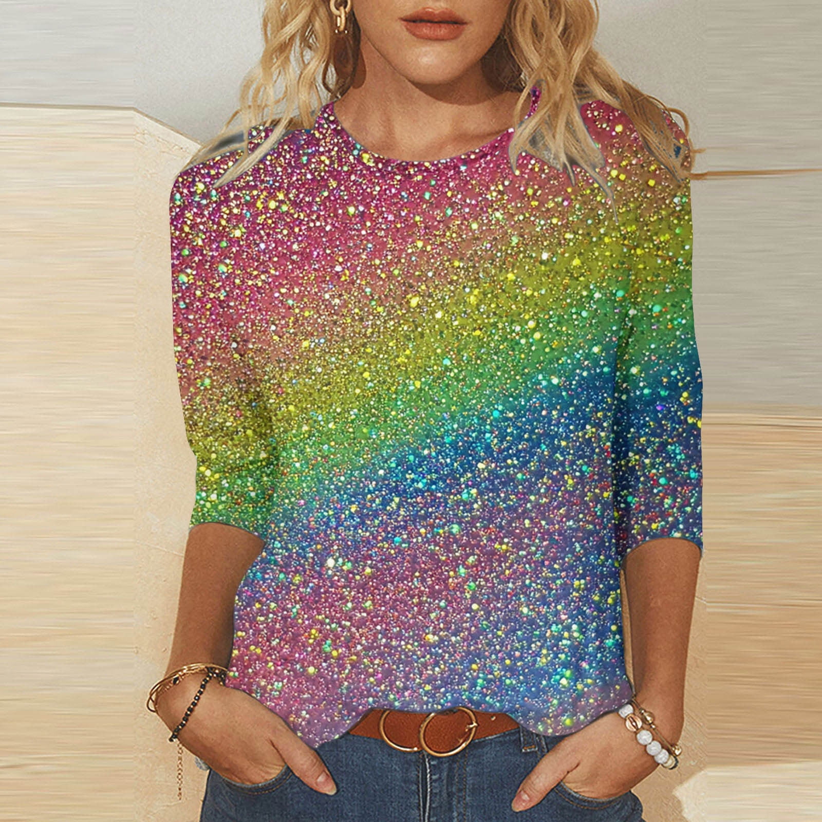 Frostluinai Casual Tops for Women Sparkly 3/4 Sleeve Tshirts Crew Neck ...