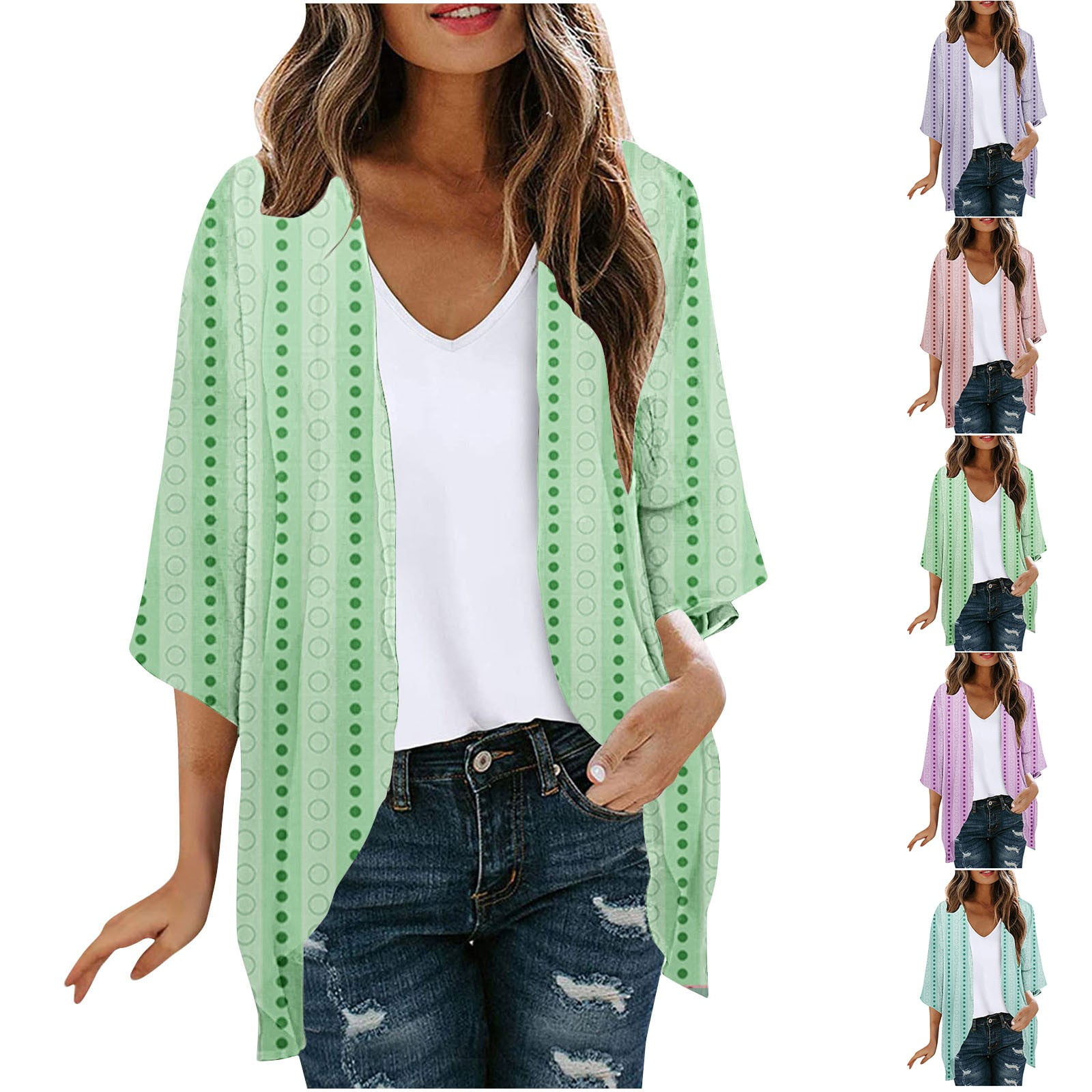 Frostluinai Chiffon Kimono Cardigan for Women 3/4 Sleeve Polka Dot ...