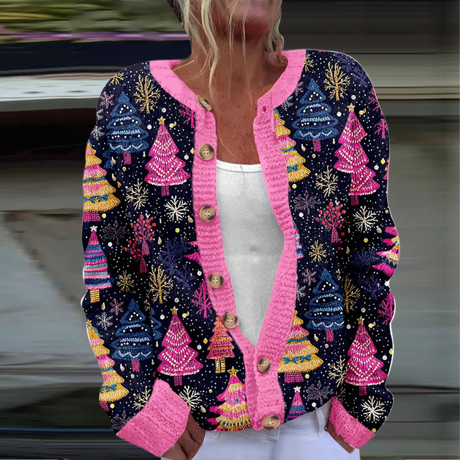 Frostluinai Christmas Tree Sweaters Women Vintage Button Down Knit ...