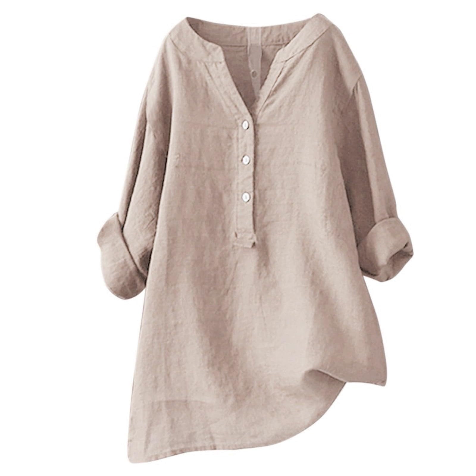 Frostluinai Cotton Linen Button Up Henley Shirts for Women Long Sleeve ...