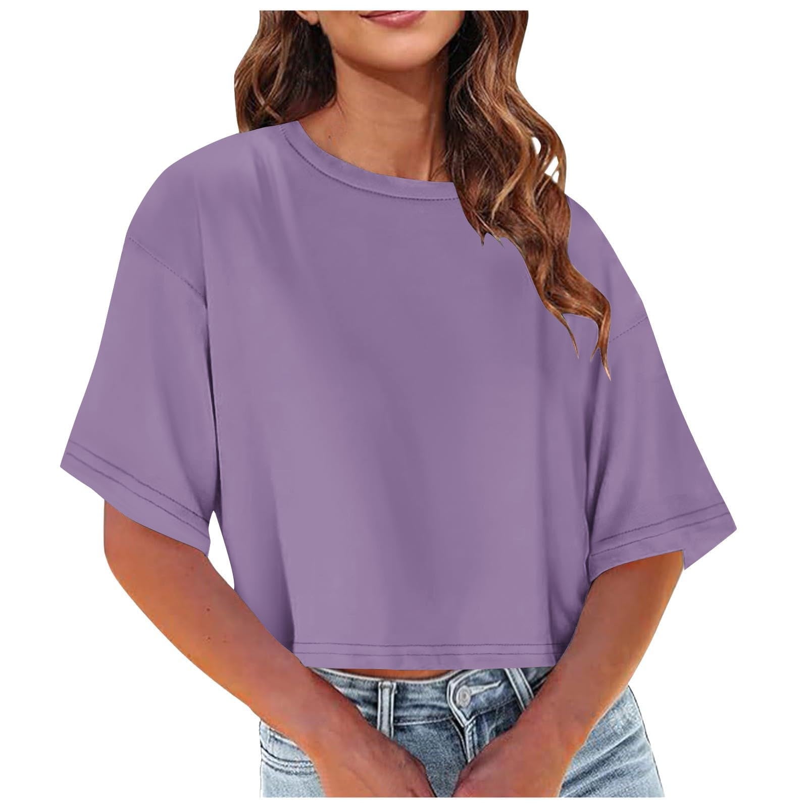 Frostluinai Crop Shirts for Women Short Sleeve Drop Shoulder T Shirts ...