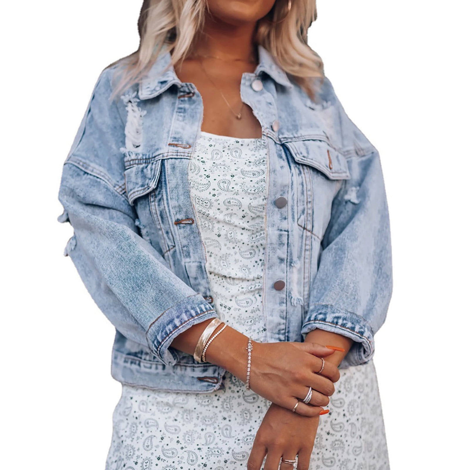 Frostluinai Cropped Denim Jacket for Women Long Sleeve Vintage Ripped ...