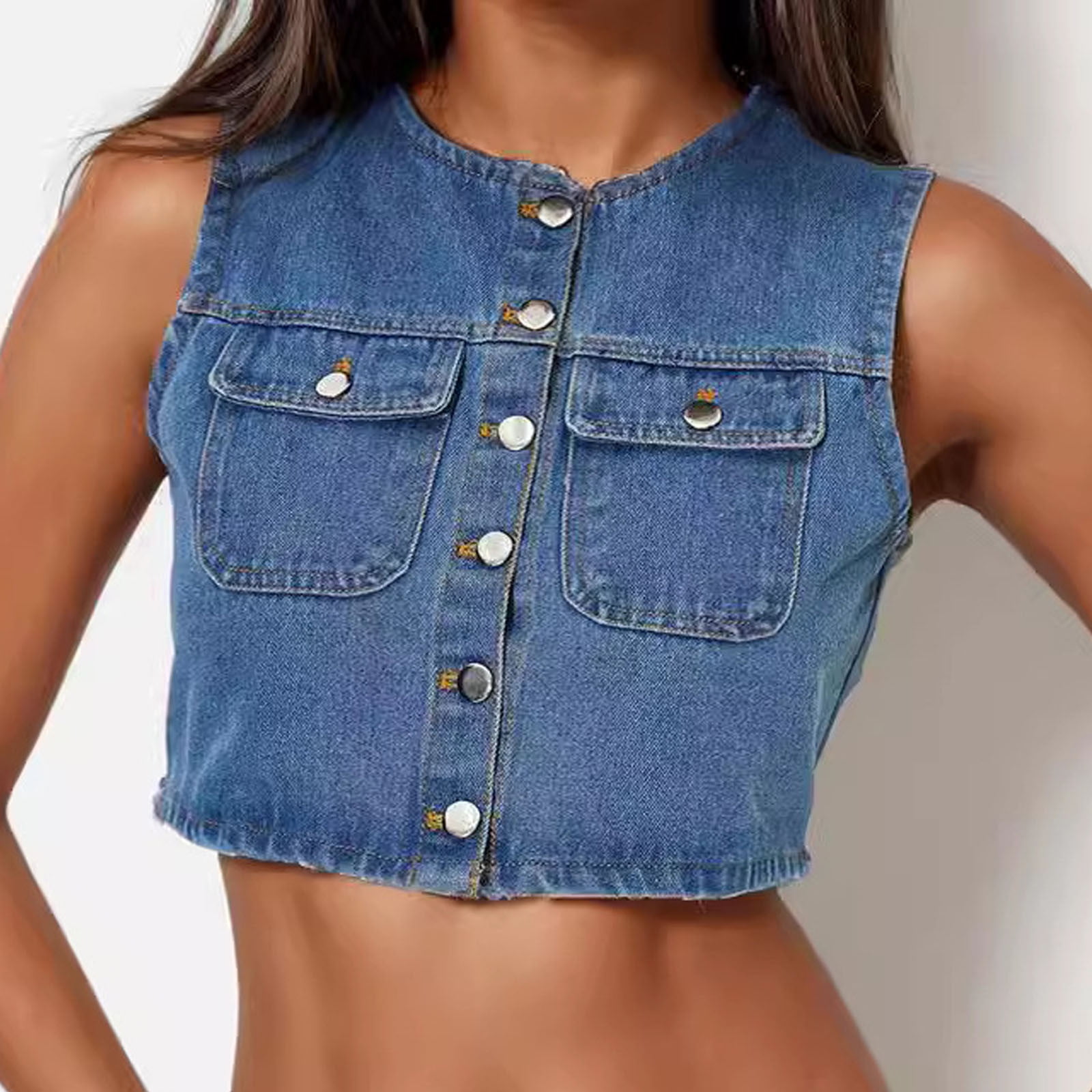 Frostluinai Cropped Denim Vests for Women Sleeveless Button Down Waistcoat Vests Round Neck Y2k ...