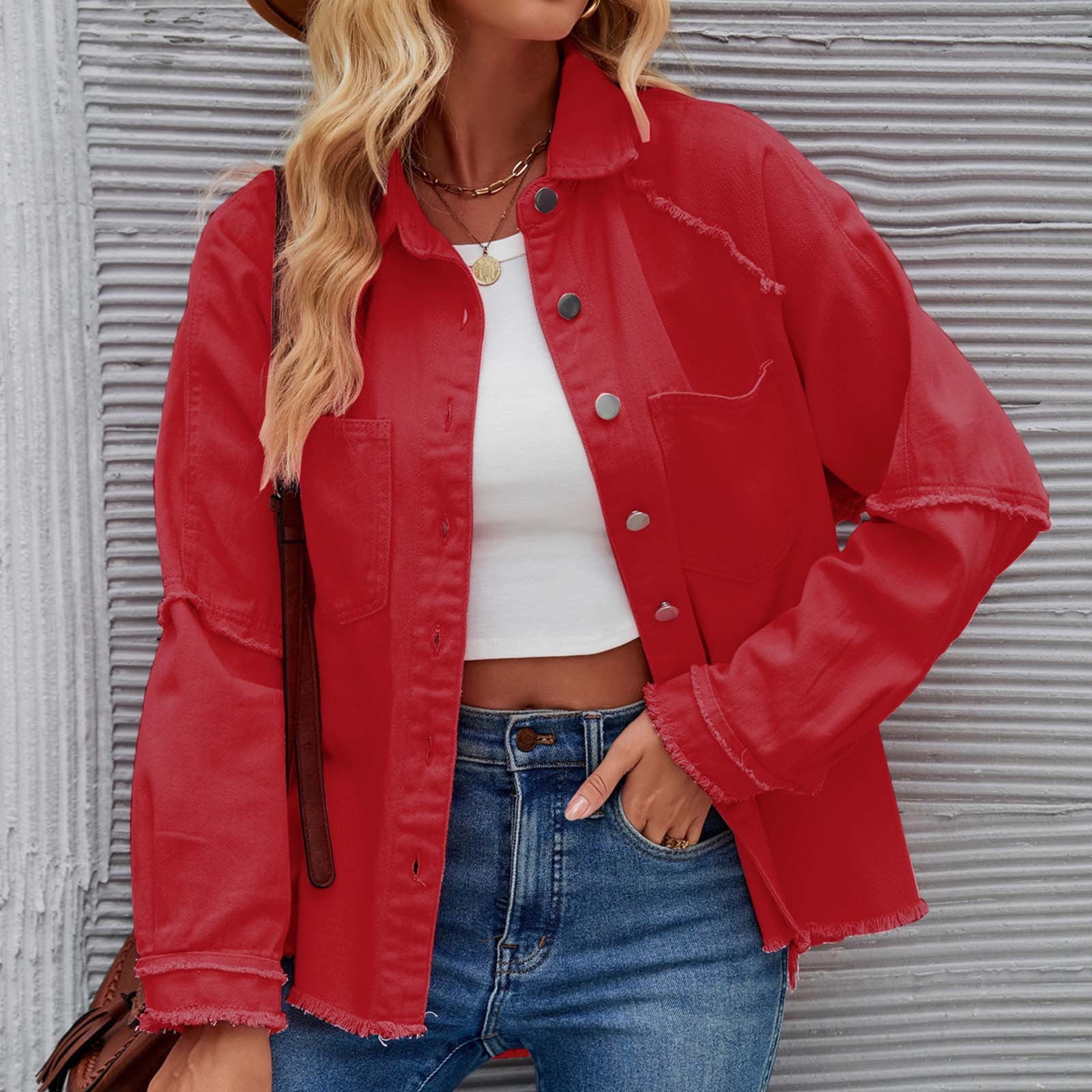 Frostluinai Denim Jacket for Women Long Sleeve Casiual Jean Jacket ...