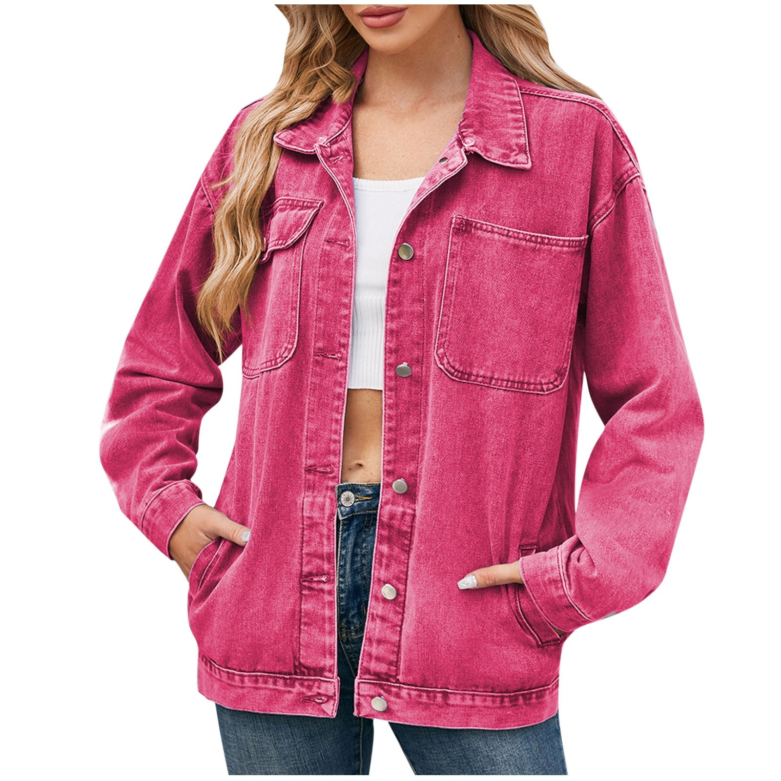 Frostluinai Denim Shacket for Women 2024 Long Sleeve Lapel Collar ...