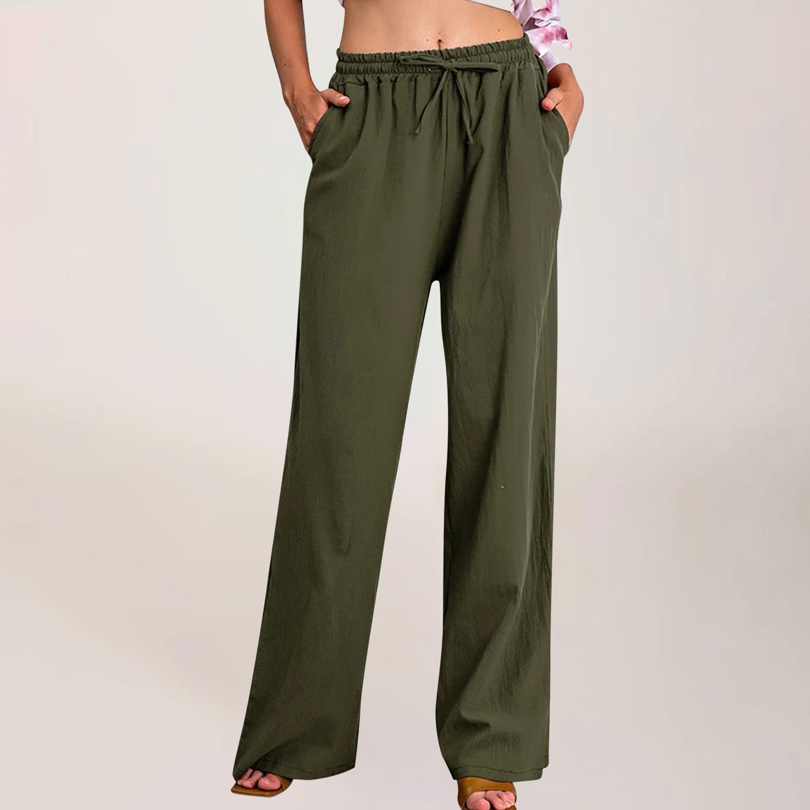 Frostluinai Elastic Waist Drawstring Pants Womens Cotton Linen Wide Leg ...
