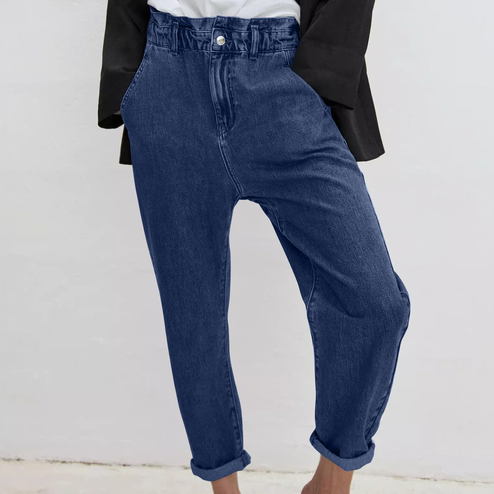Frostluinai Elastic Waist Jeans for Women Distressed Baggy Straight Leg ...
