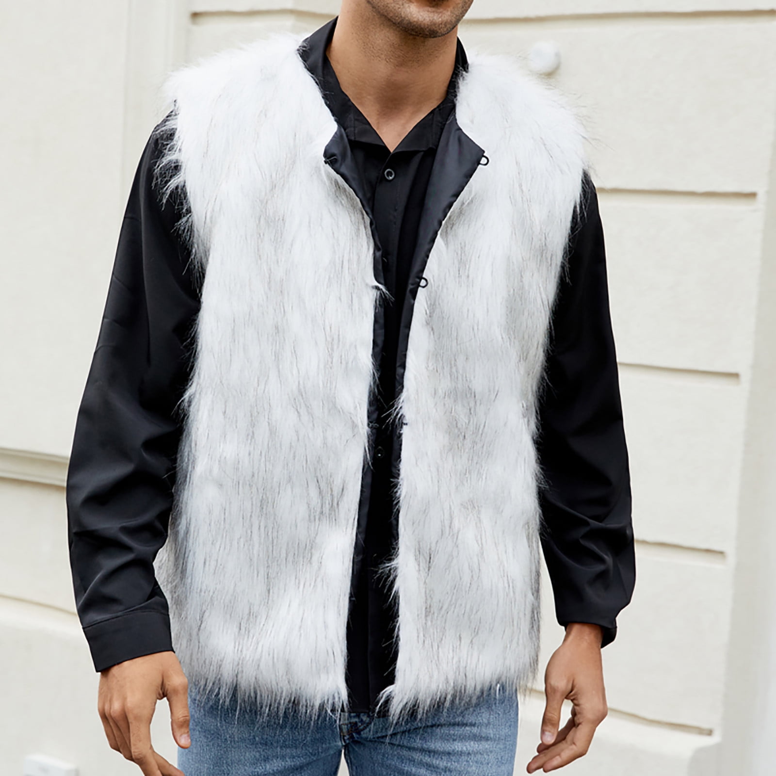 Frostluinai Faux Fur Vests for Men Fluffy Sleeveless Winter Coats Warm ...