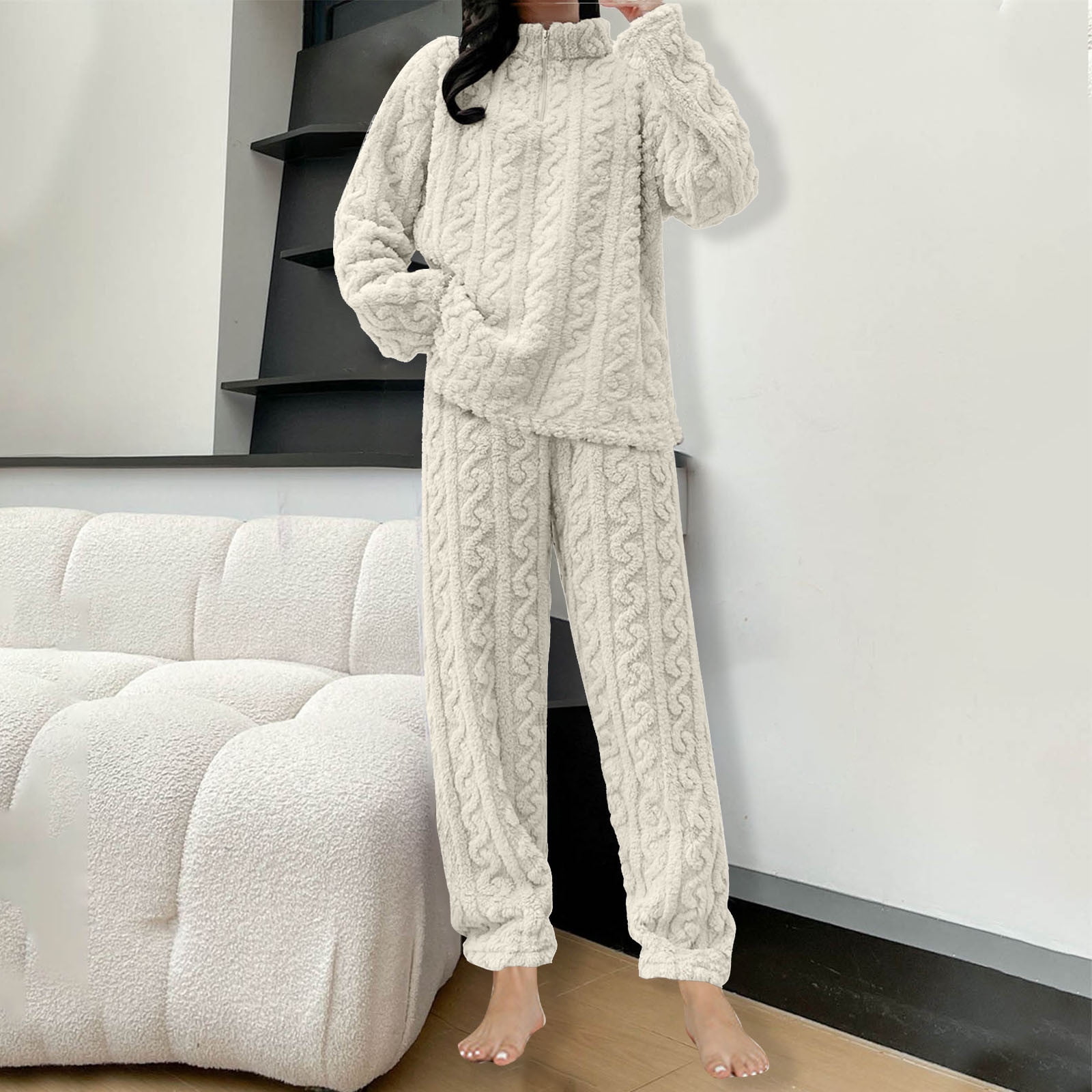 Frostluinai Fluffy Pajamas Set for Women Warm Pliush Winter Loungewear ...