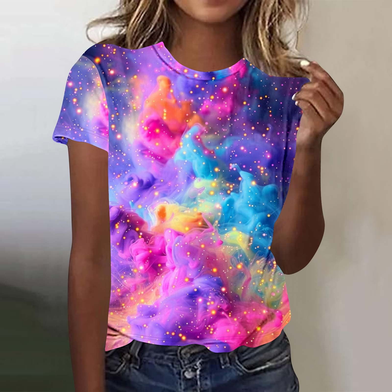 Frostluinai Funny Tops for Women Short Sleeve Sparkly Shirts Round Neck ...