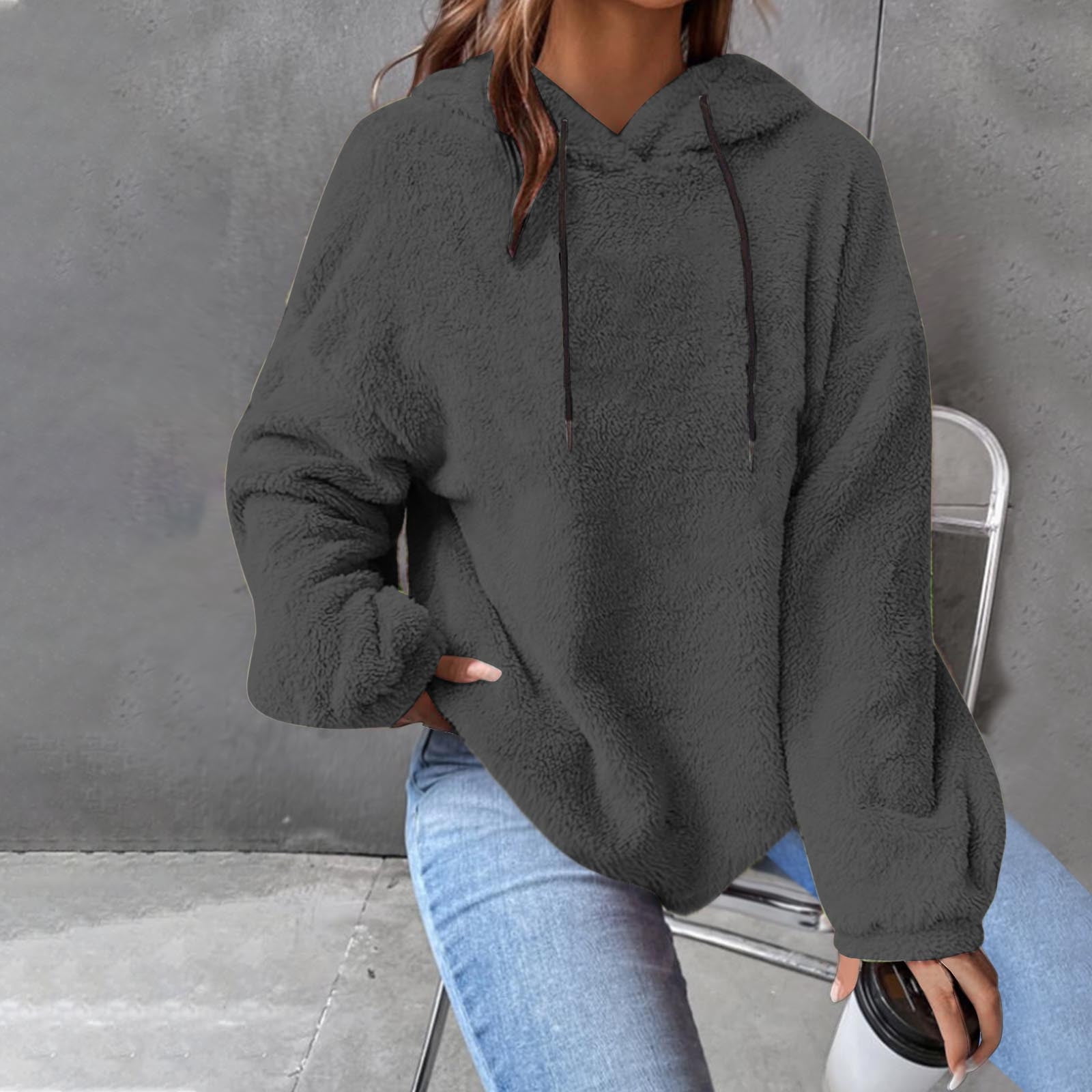 Frostluinai Fuzzy Fleece Hoodies for Women Long Sleeve Drop Shoulder ...