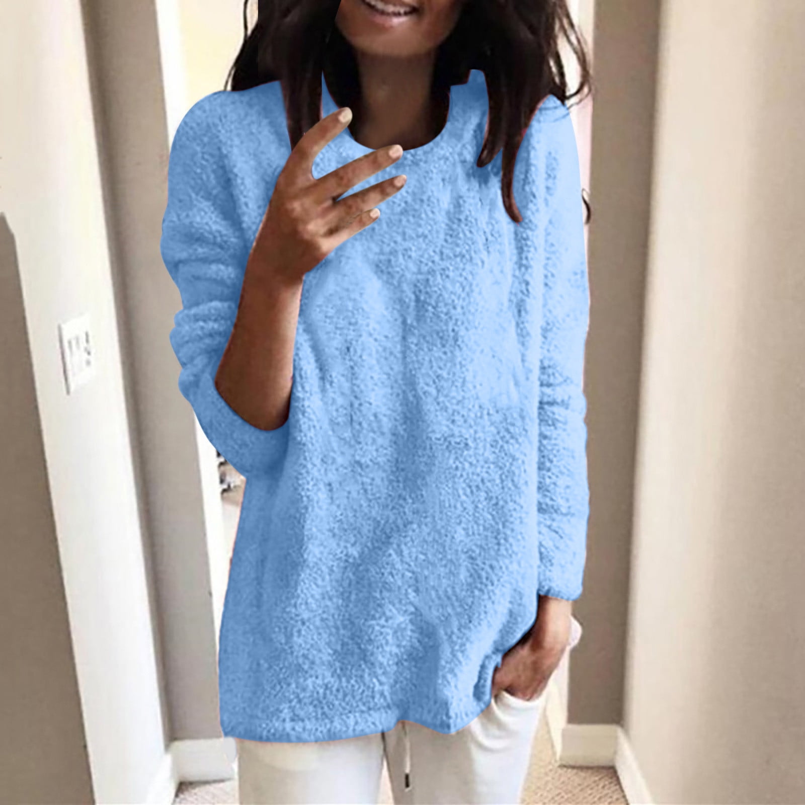 Frostluinai Fuzzy Fleece Pullover Tops for Women Long Sleeve Crew Neck ...