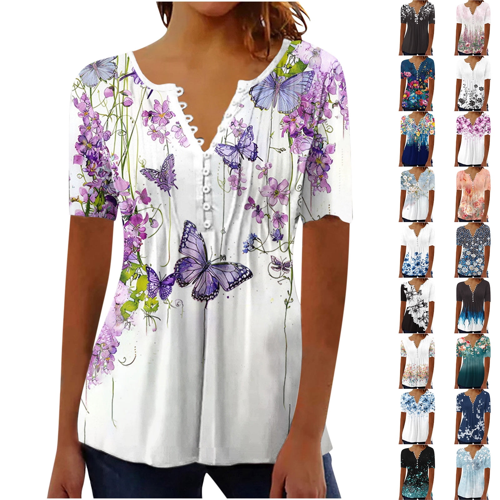 Frostluinai Hide Belly Shirts for Women Pleated Button V Neck Tunic ...