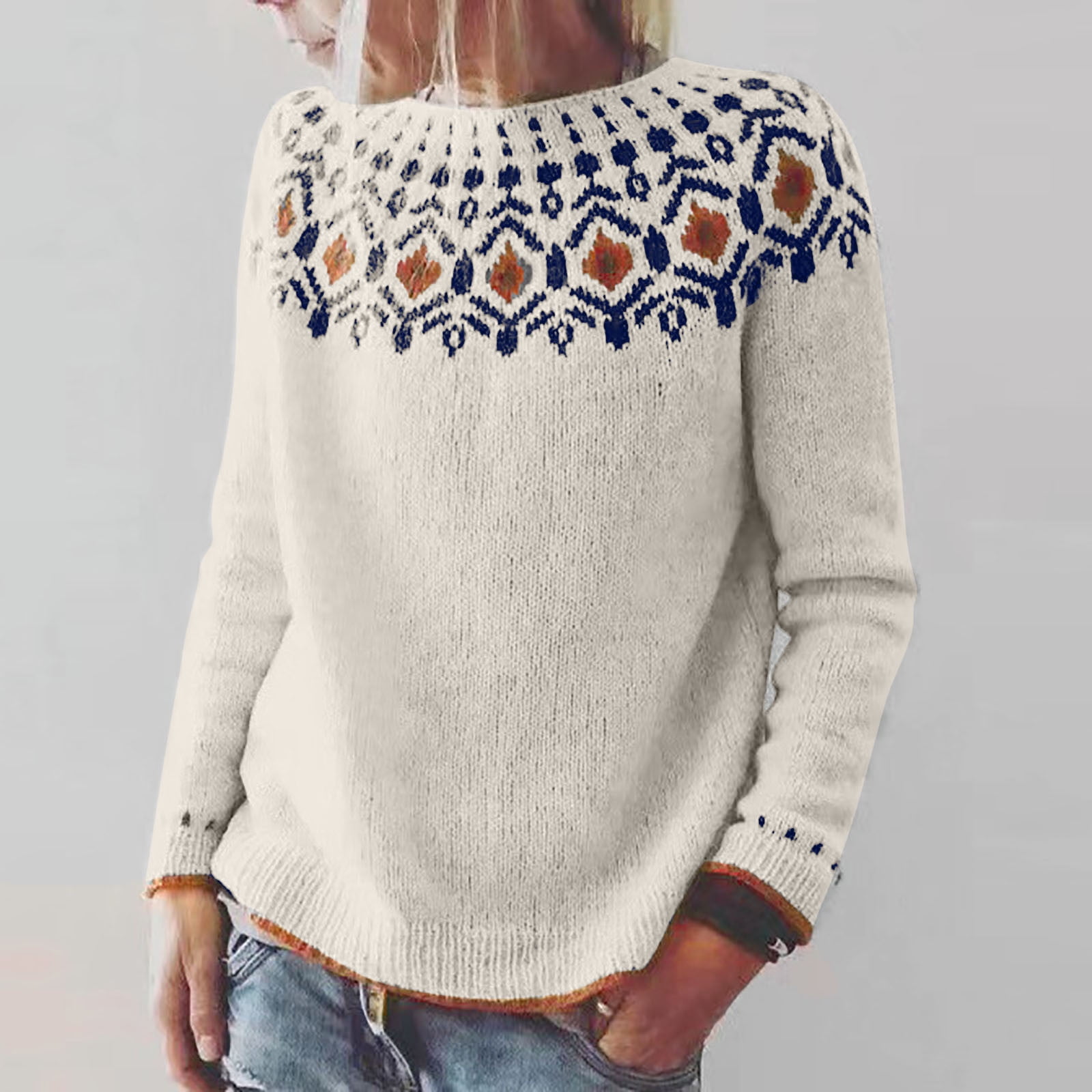 Frostluinai Knit Sweater for Women Vintage Fair Isle Graphic Knit ...