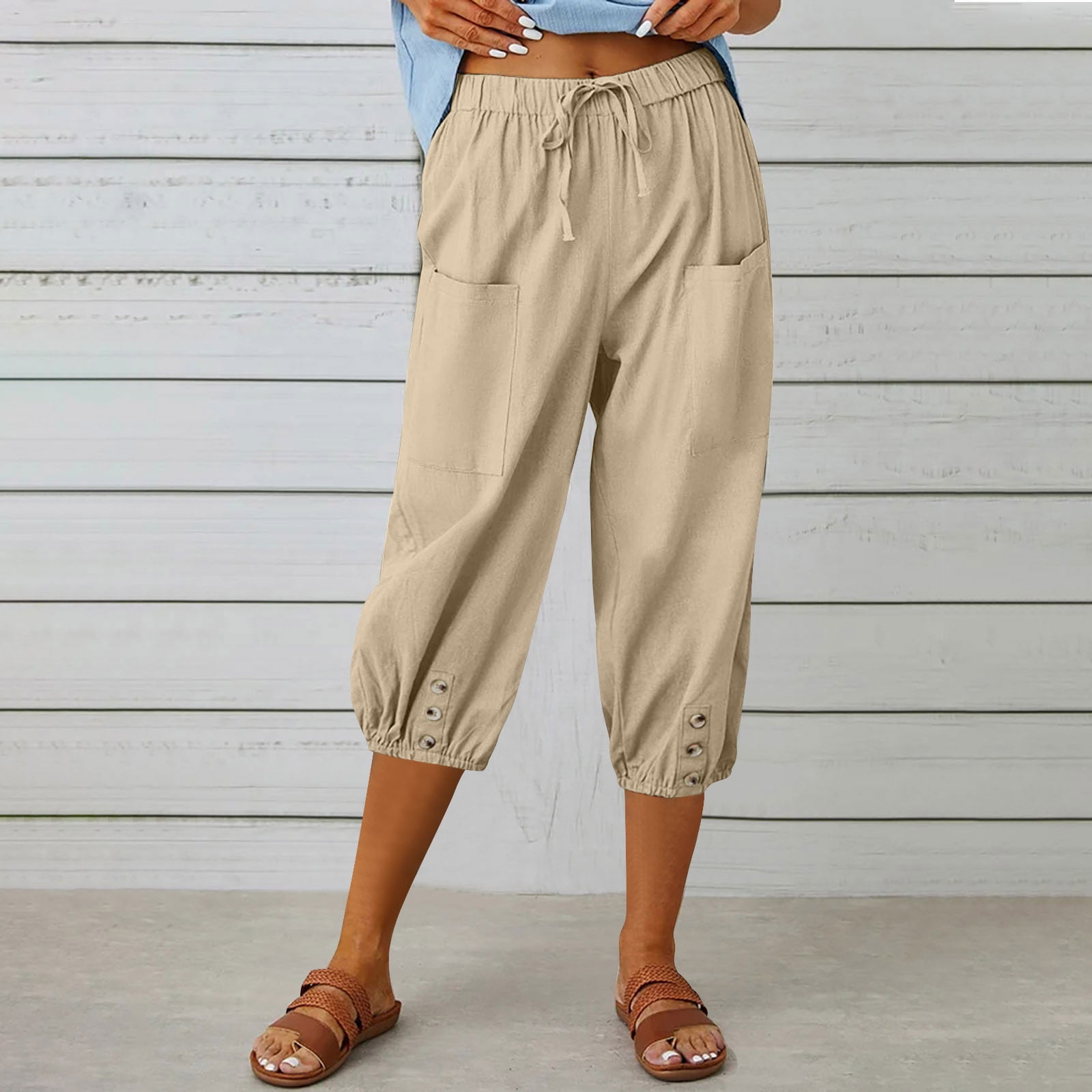 Frostluinai Linen Capris for Women Elastic Waist Drawstring Summer ...