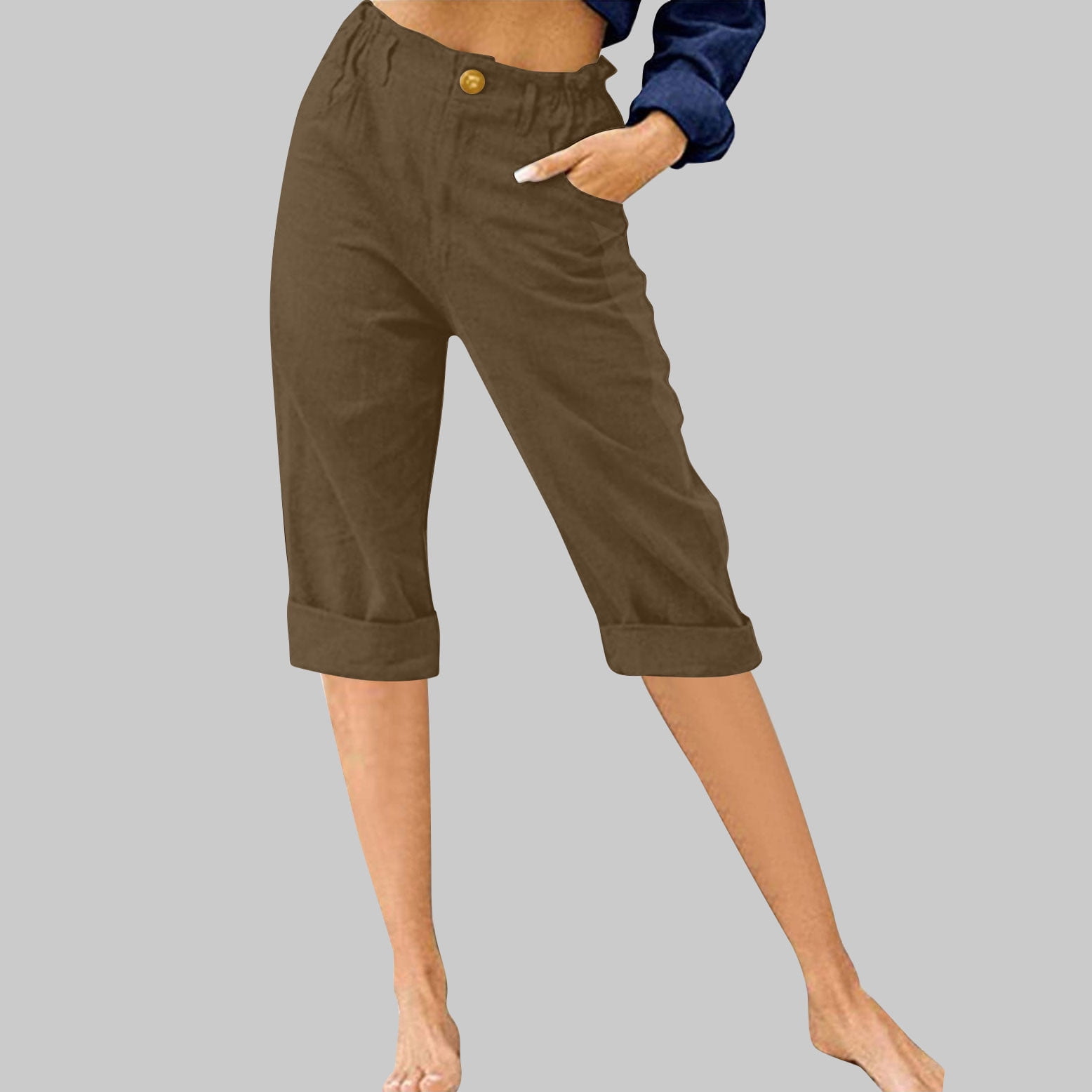 Frostluinai Linen Capris for Women Elastic Waist Knee Length Pants Baggy Rolled Cuffed Straight ...