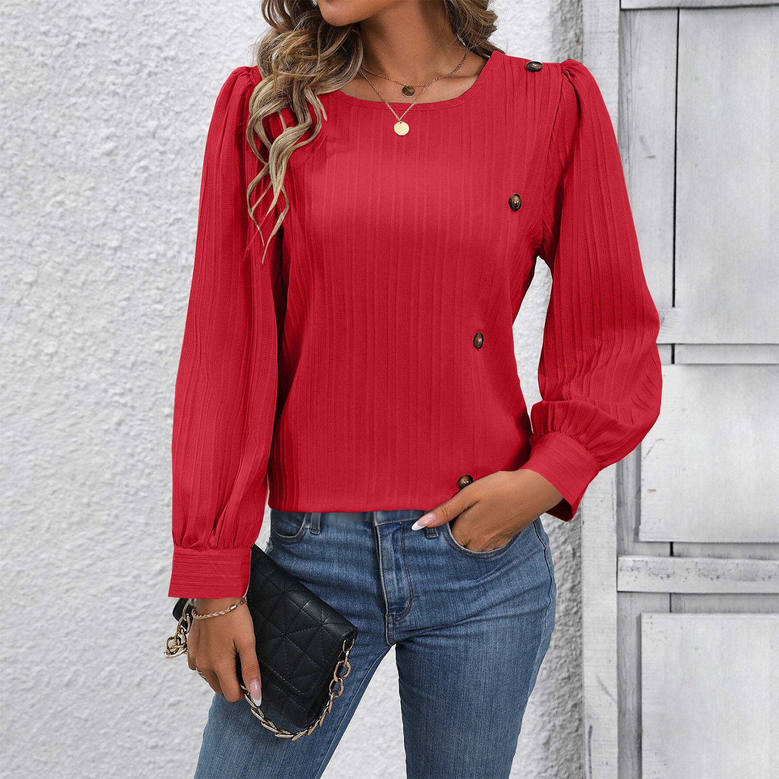 Frostluinai Long Sleeve Shirts for Women Crew Neck Textured Tunic Tops ...
