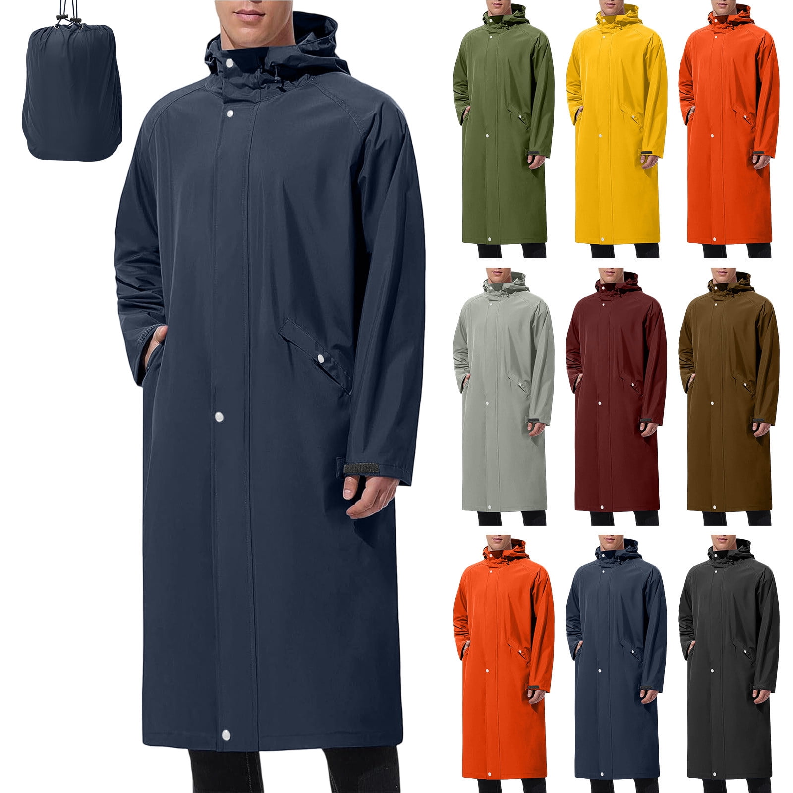 Frostluinai Men's Long Rain Jacket Windbreaker Waterproof Lightweight ...