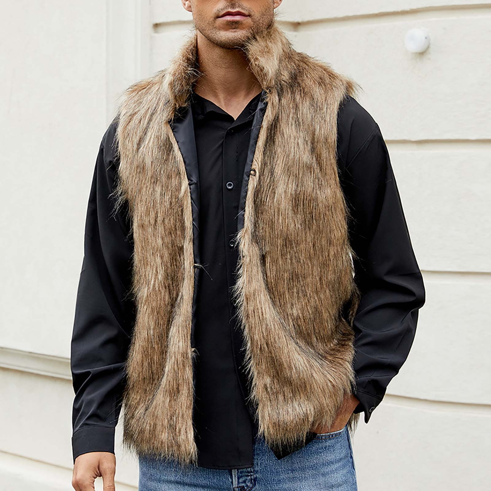 Frostluinai Mens Faux Fur Outerwear Vests Button Down Stand Collar Warm ...