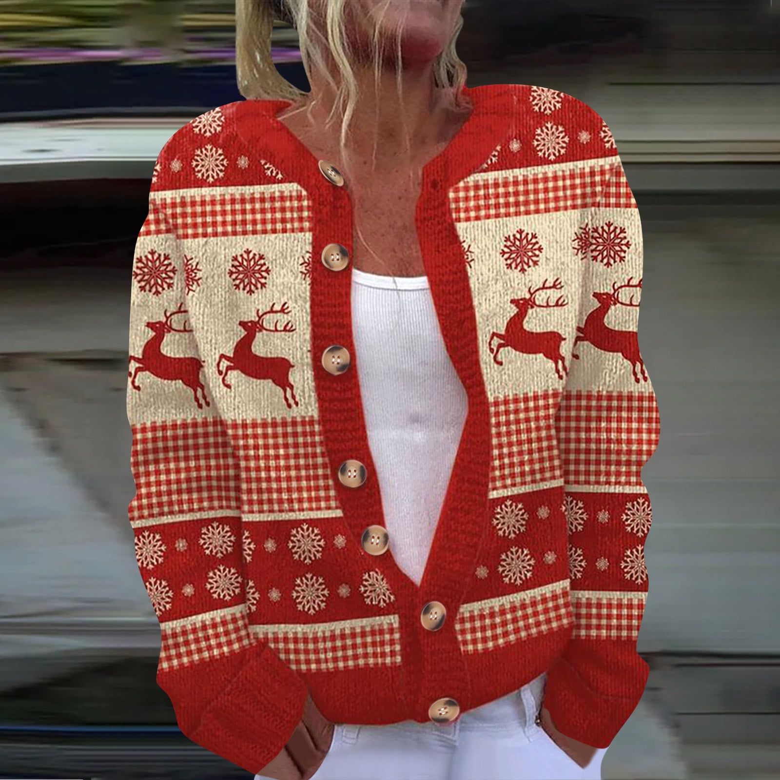 Frostluinai Merry Christmas Womens Sweaters Vintage Long Sleeve Button ...