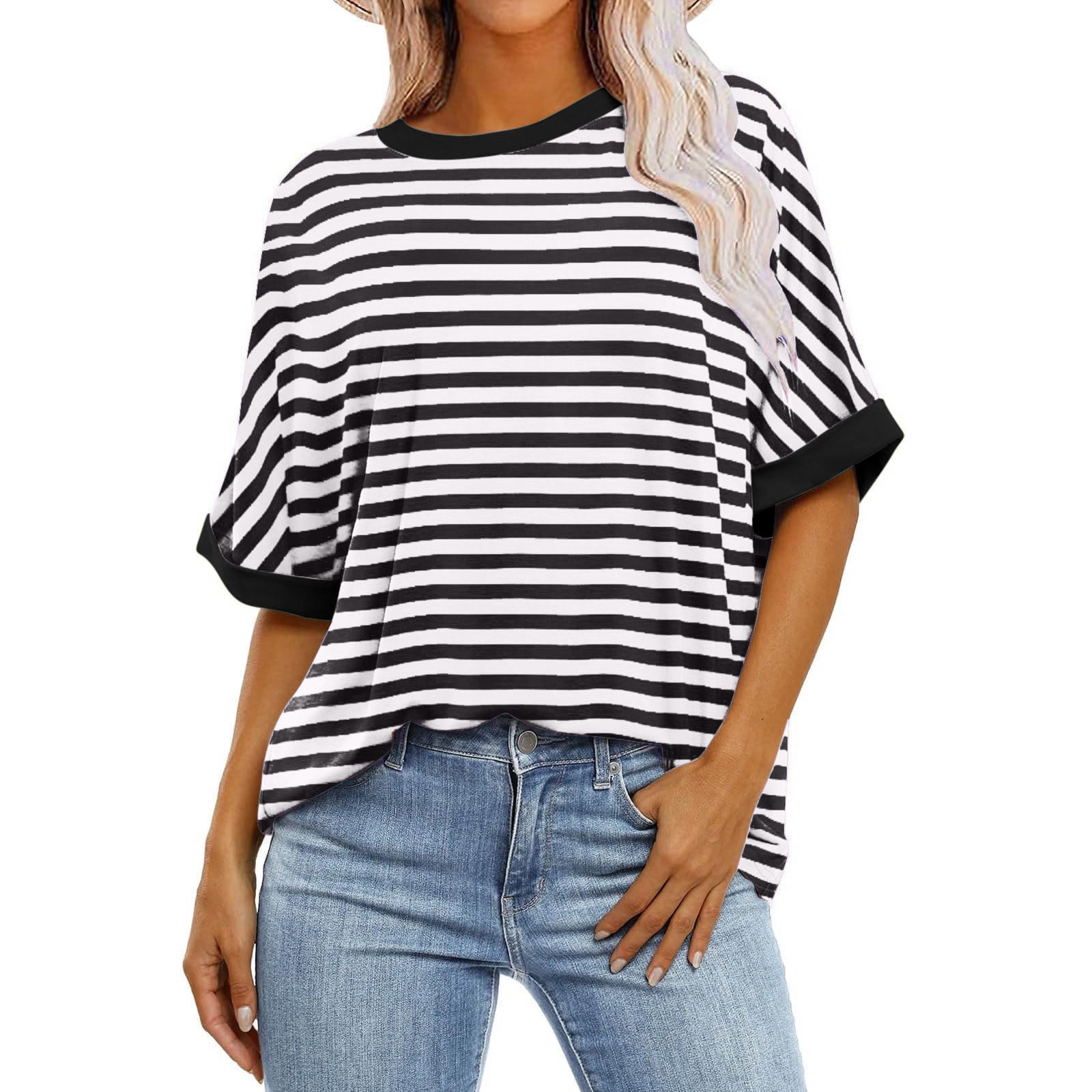 Frostluinai Oversized Striped Shirts Women Crew Neck Rolled Cuffed ...
