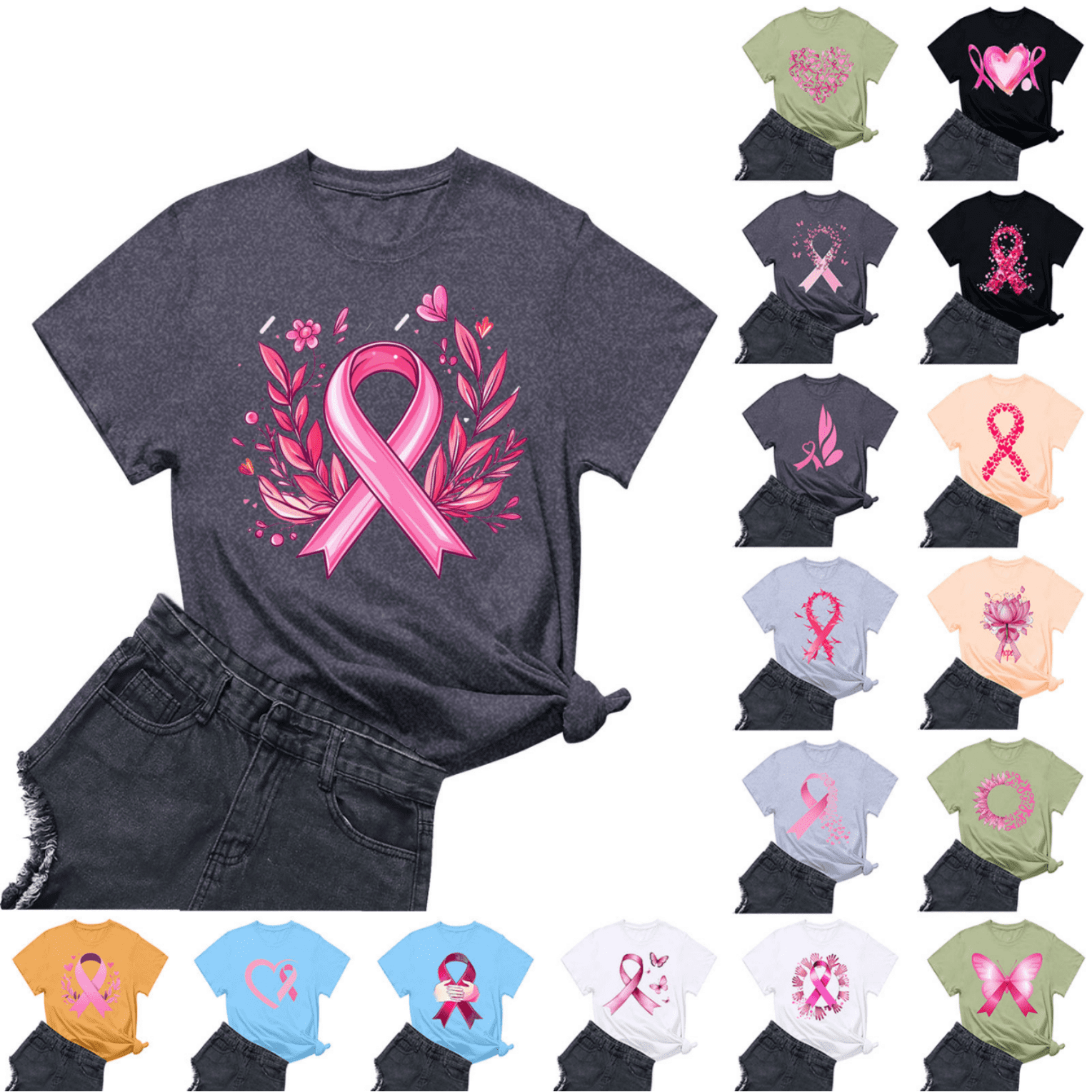 Frostluinai Pink Ribbon Shirts for Women Short Sleeve Fight Cancer ...