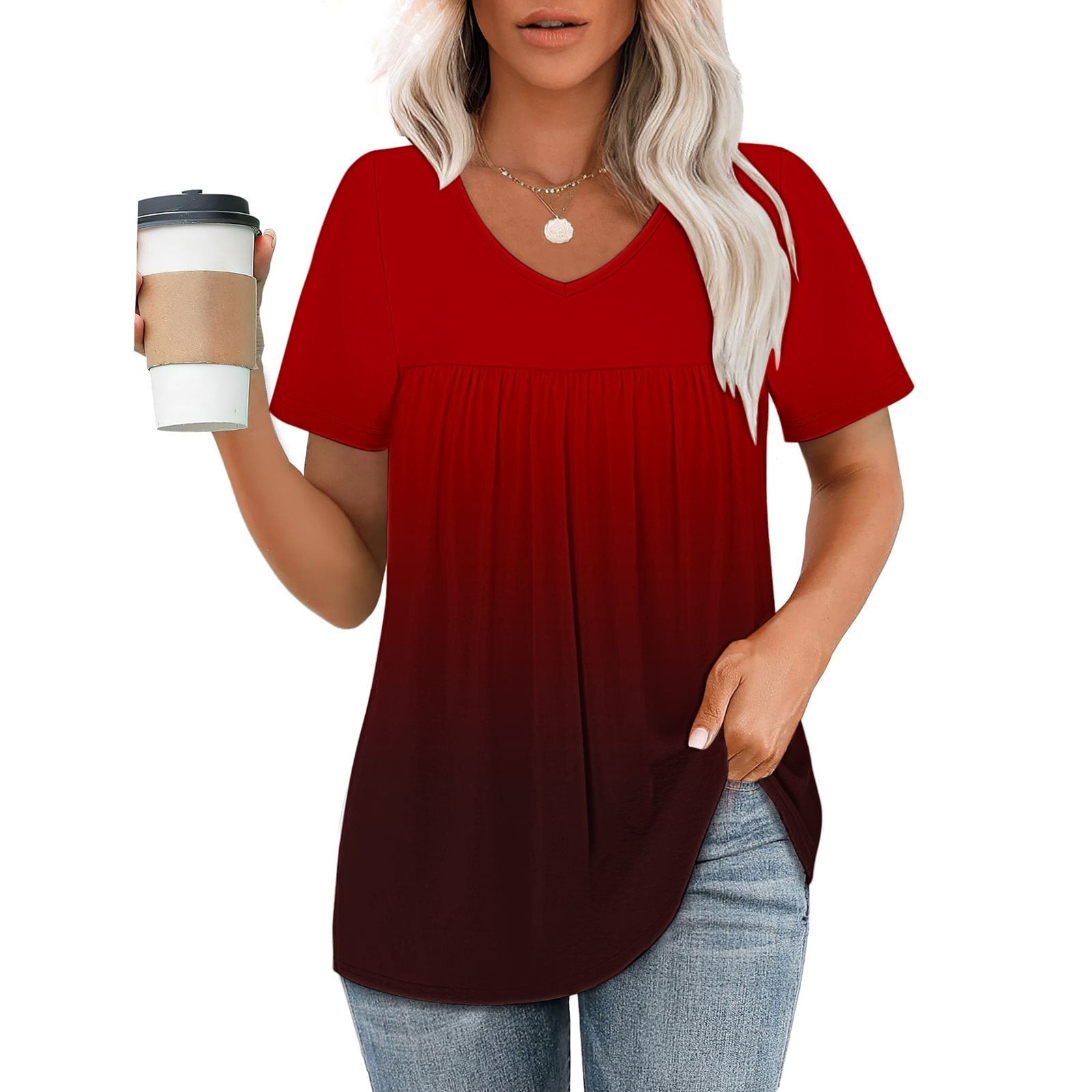 Frostluinai Pleated Tops for Women Short Sleeve Gradient T Shirt V Neck ...