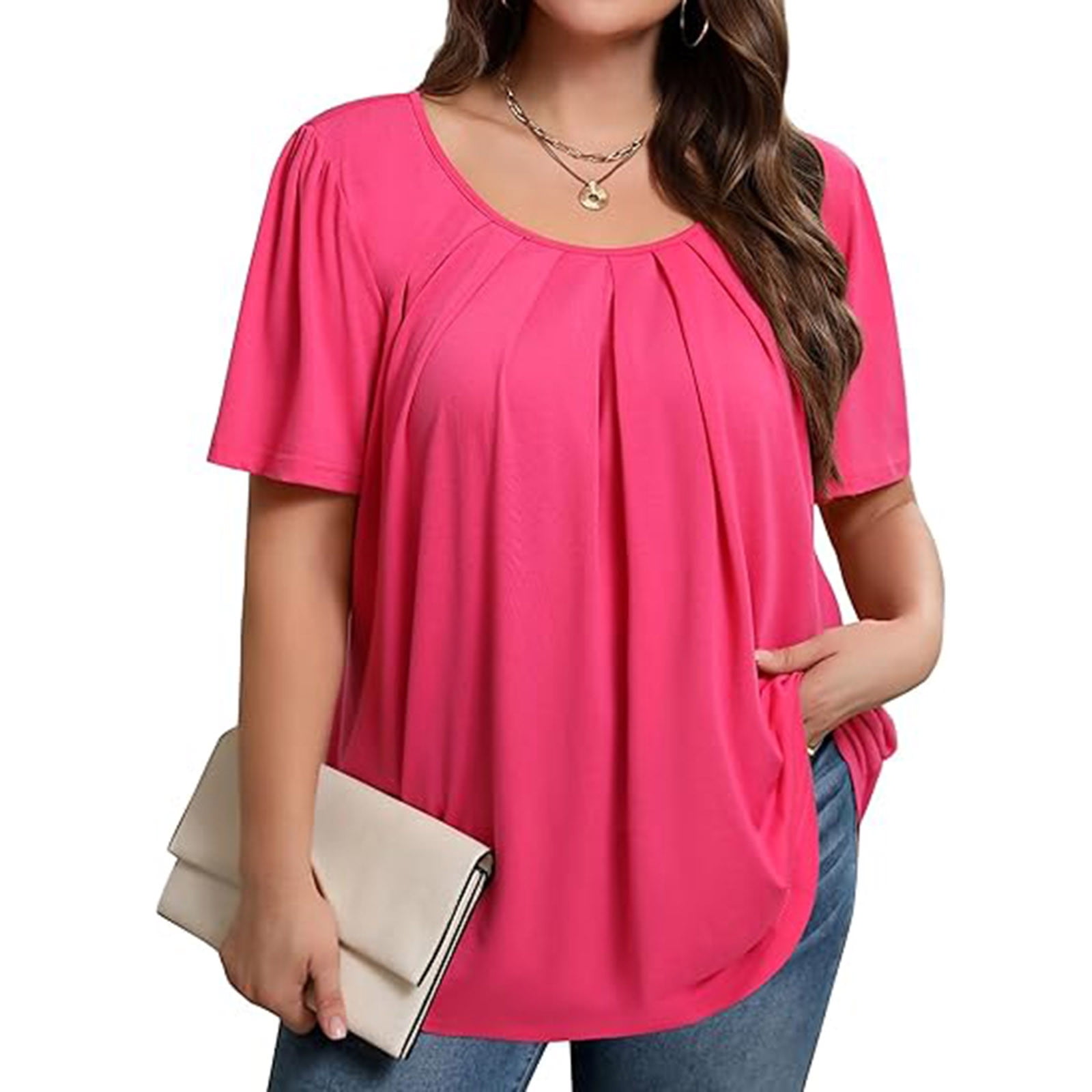 Frostluinai Plus Size Pleated Tops Women Short Sleeve Crew Neck Loose T ...