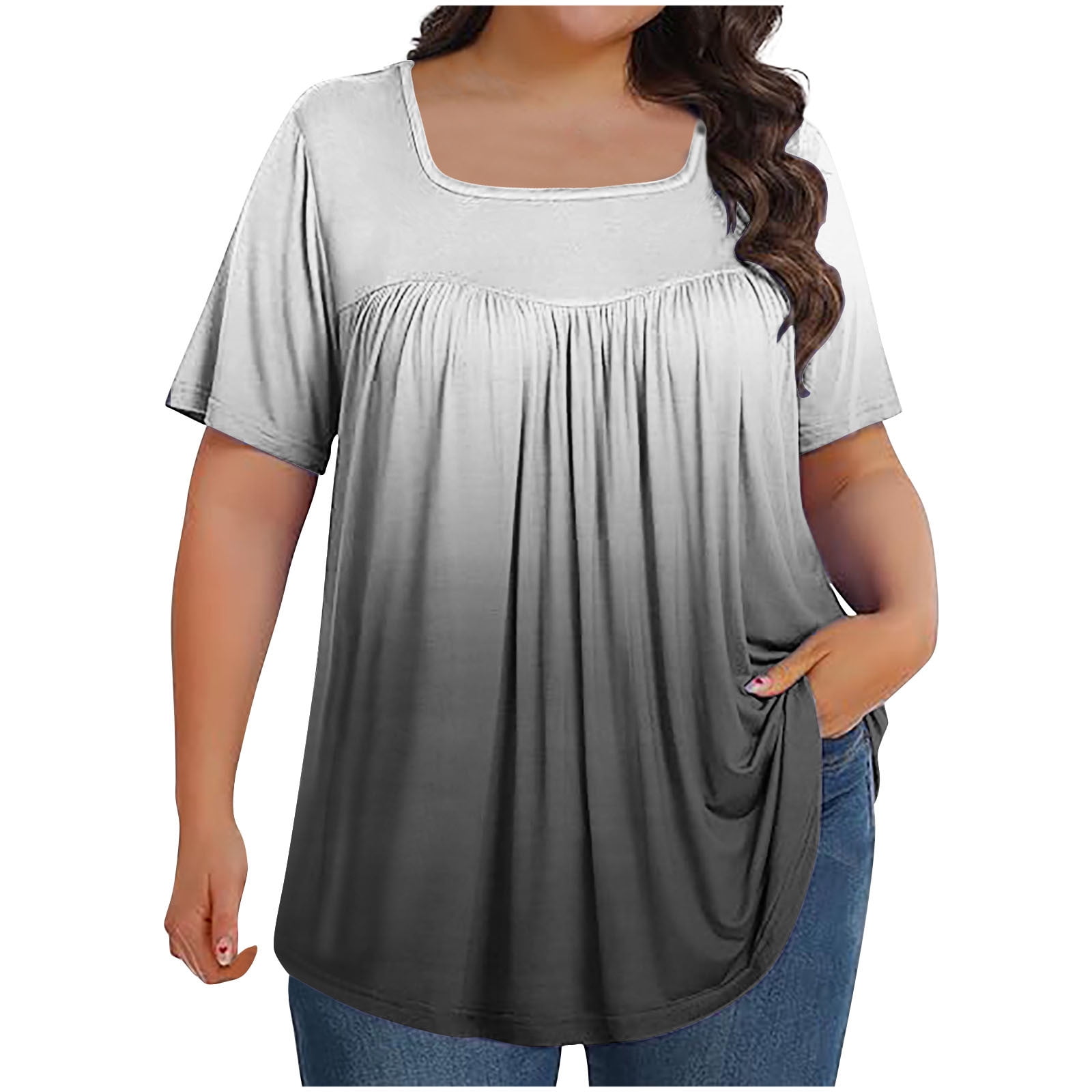 Frostluinai Plus Size Pleated Tops Women Square Neck Tunic Shirts Short ...