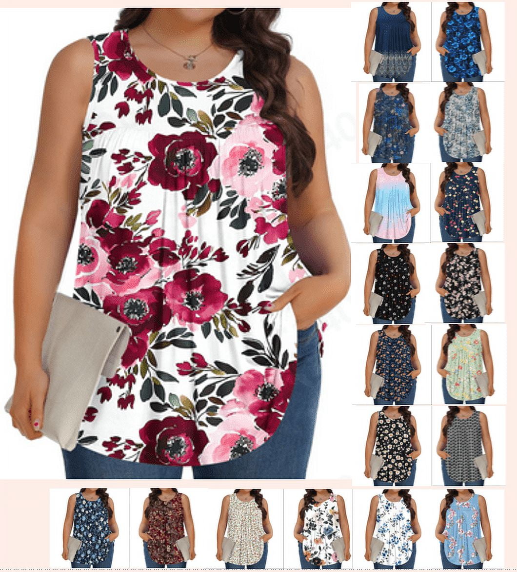 Frostluinai Plus Size Women's Tank Tops Sleeveless Vintage Floral Tanks Crew Neck Pleated Tunics ...