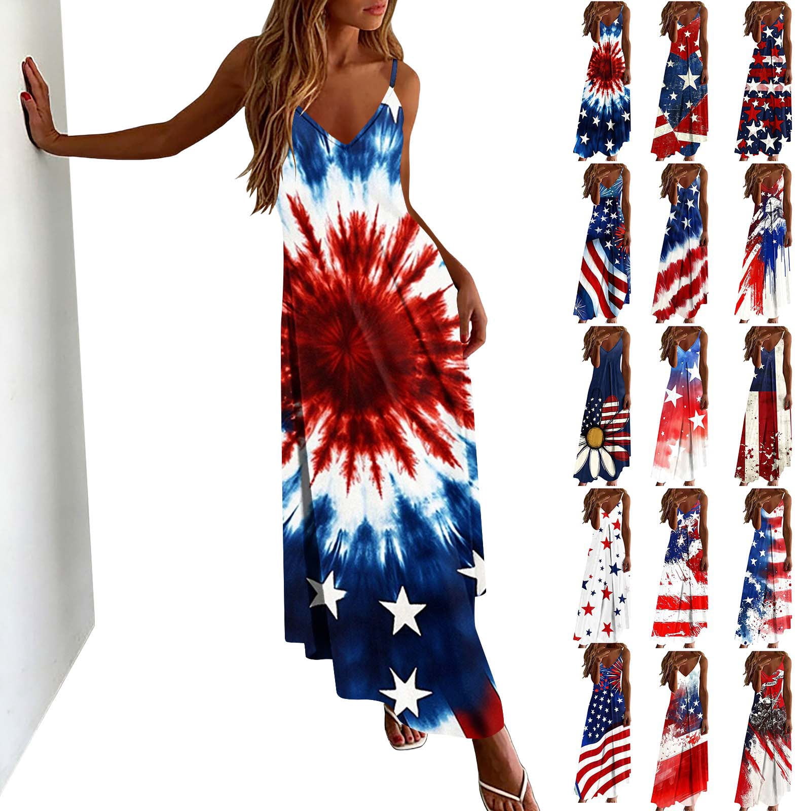 Frostluinai Red White and Blue Dresses for Women V Neck Spaghetti Strap ...