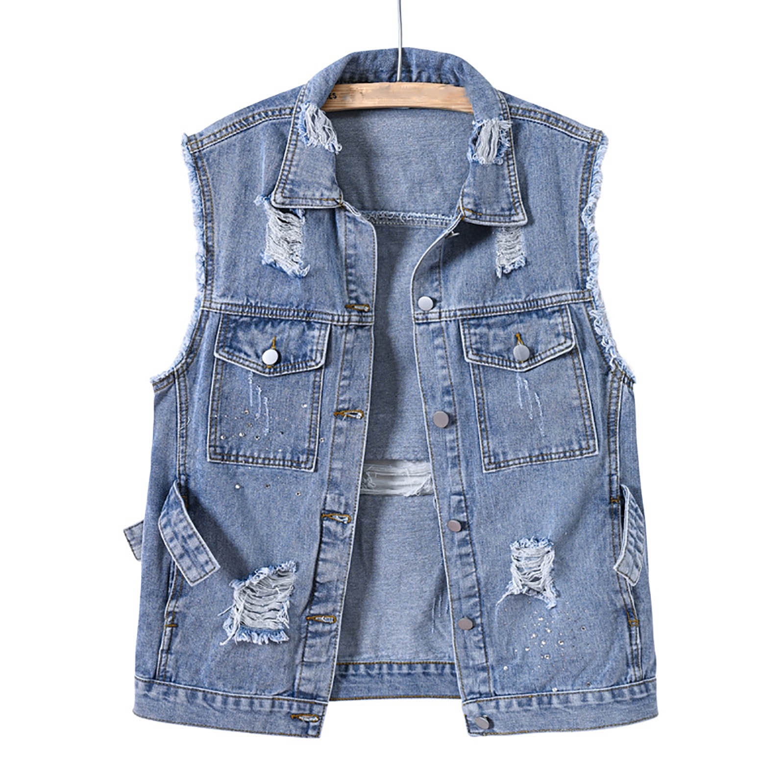 Frostluinai Ripped Denim Vest Women Sleeveless Lapel Jean Vests Button ...
